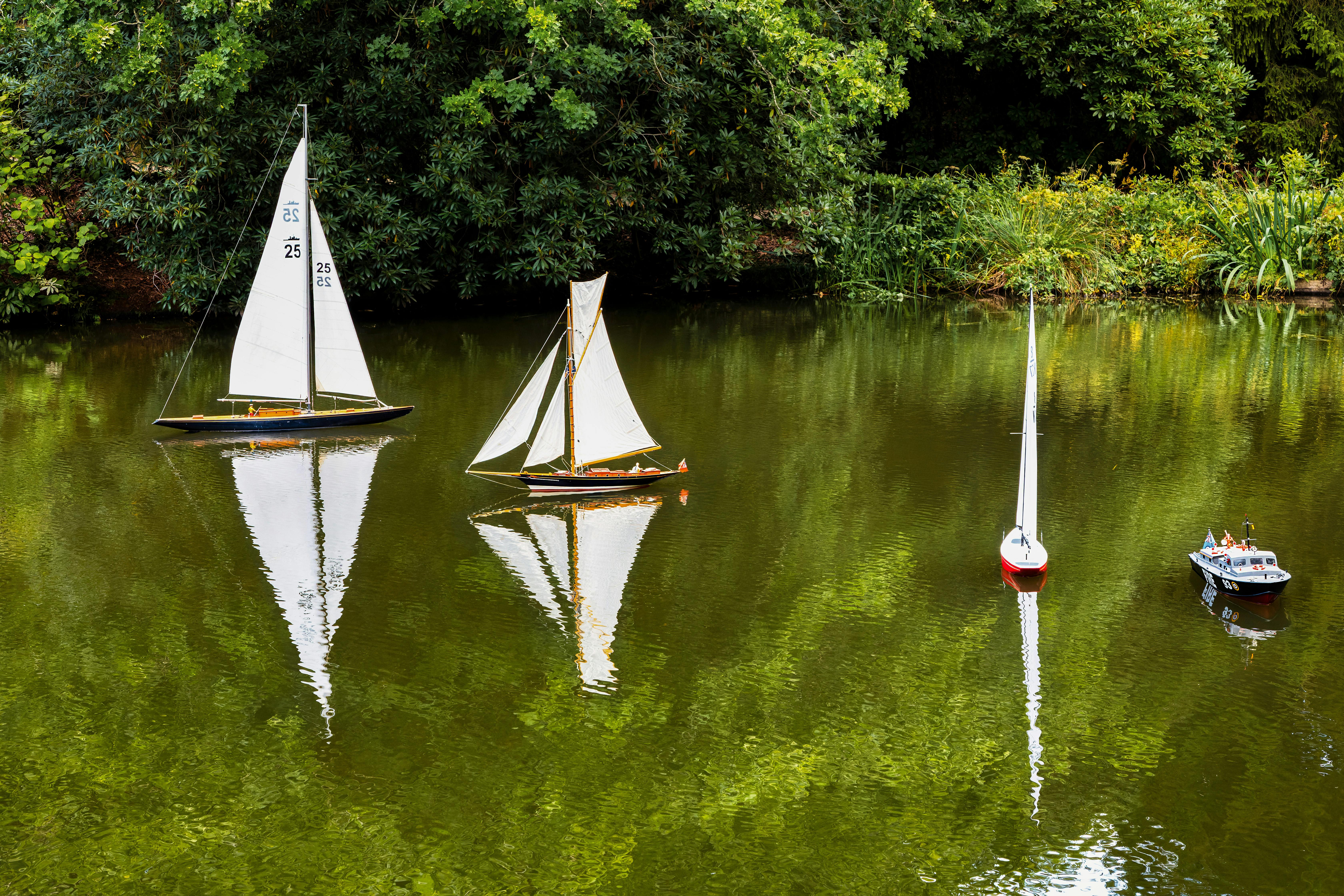 Enchanting Miniature Sailboat Display on Pond · Free Stock Photo