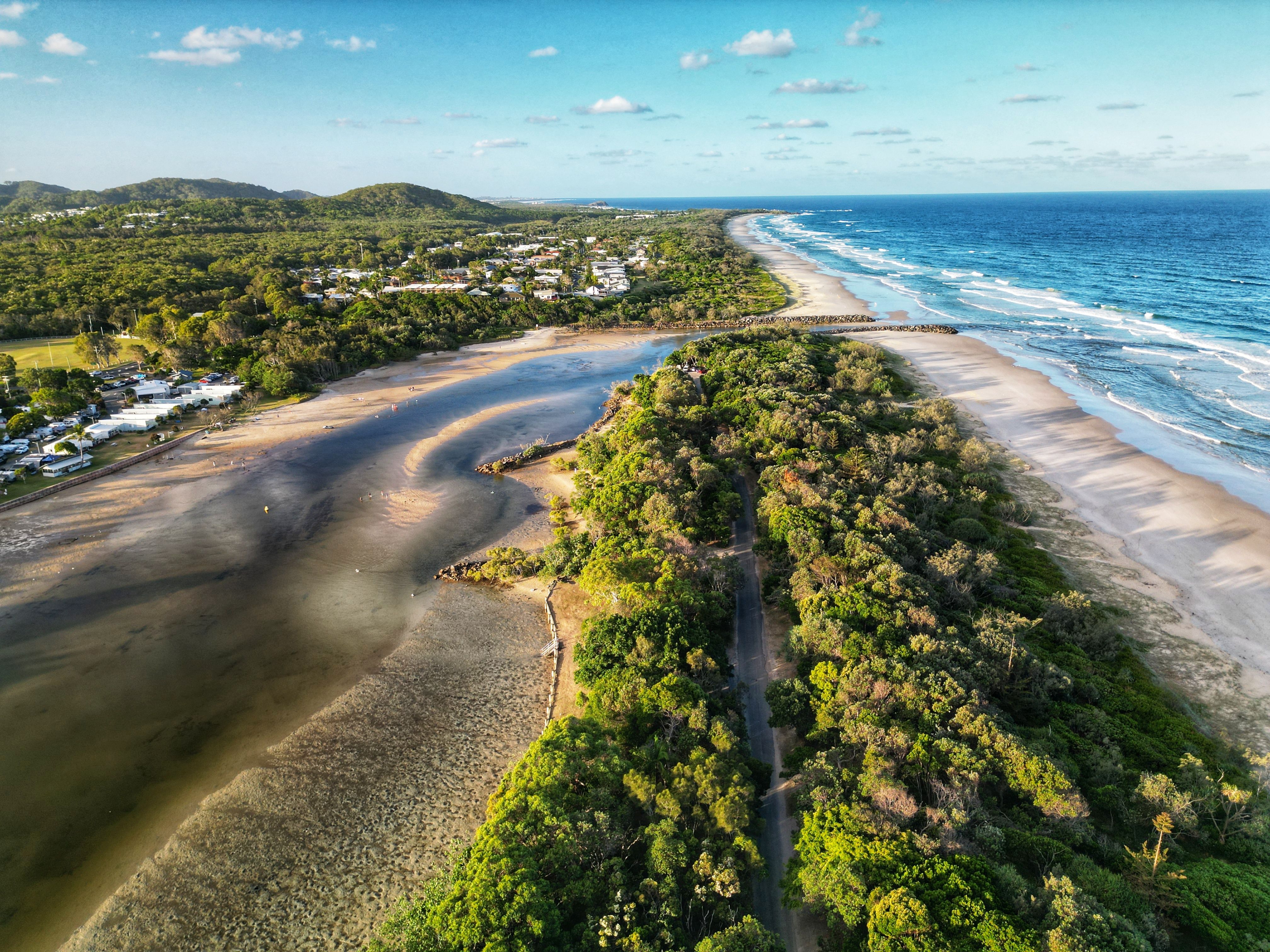 Aerial View of Coastal Landscape with Beach and Forest · Free Stock Photo