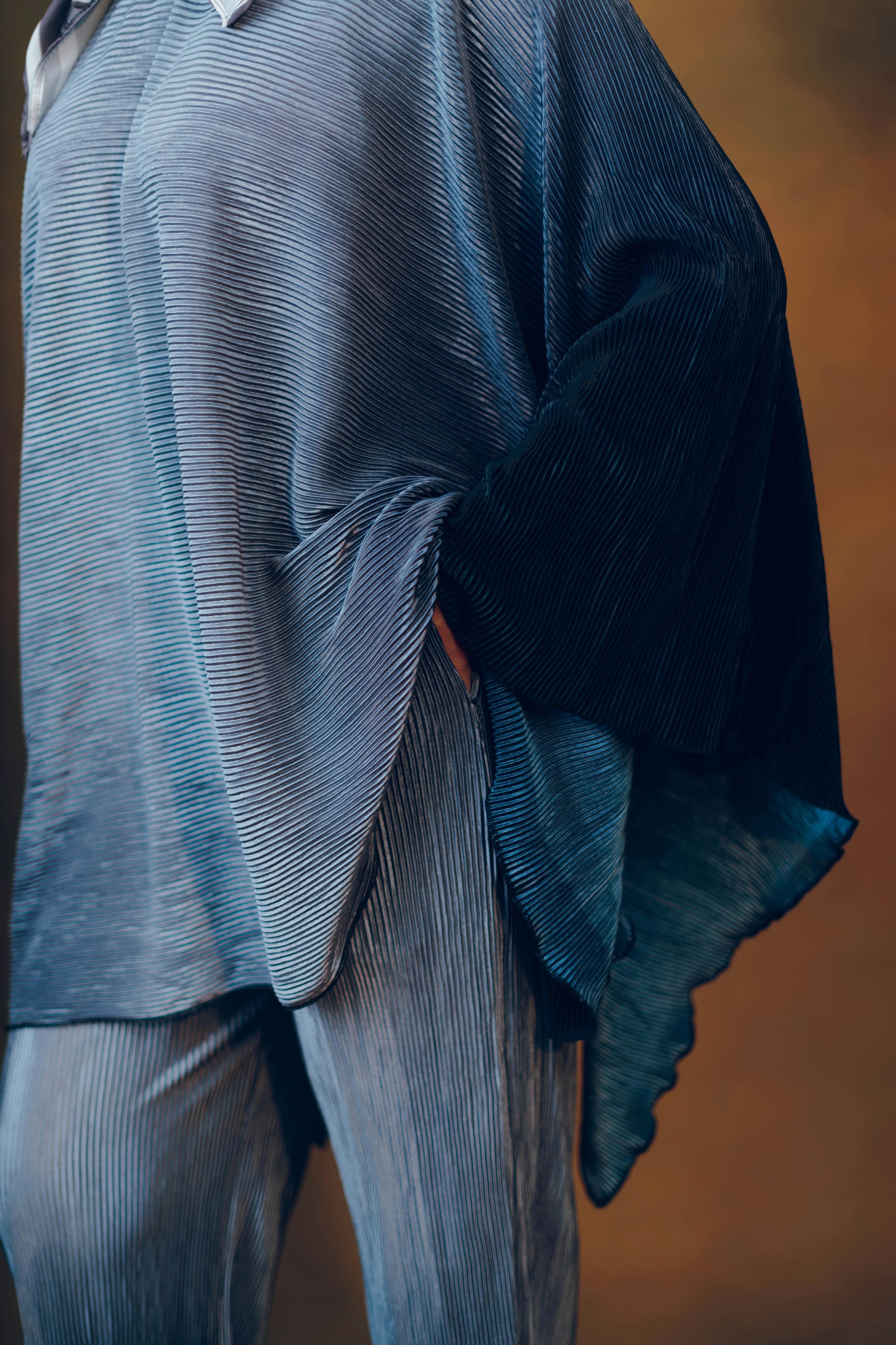 Elegant Blue Fashion Outfit with Textured Fabric · Free Stock Photo