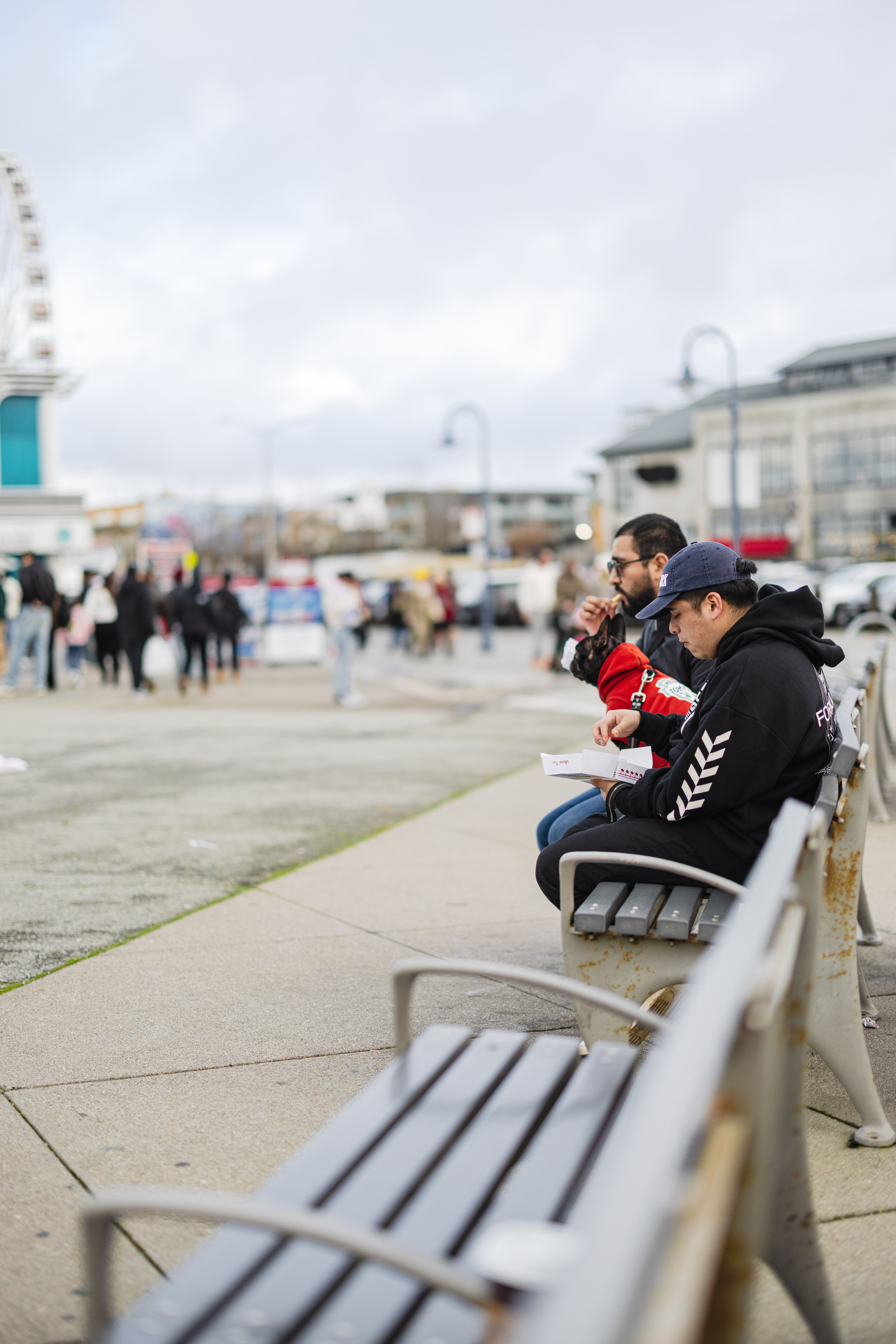 Urban Scene with People Sitting on Benches Outdoors · Free Stock Photo