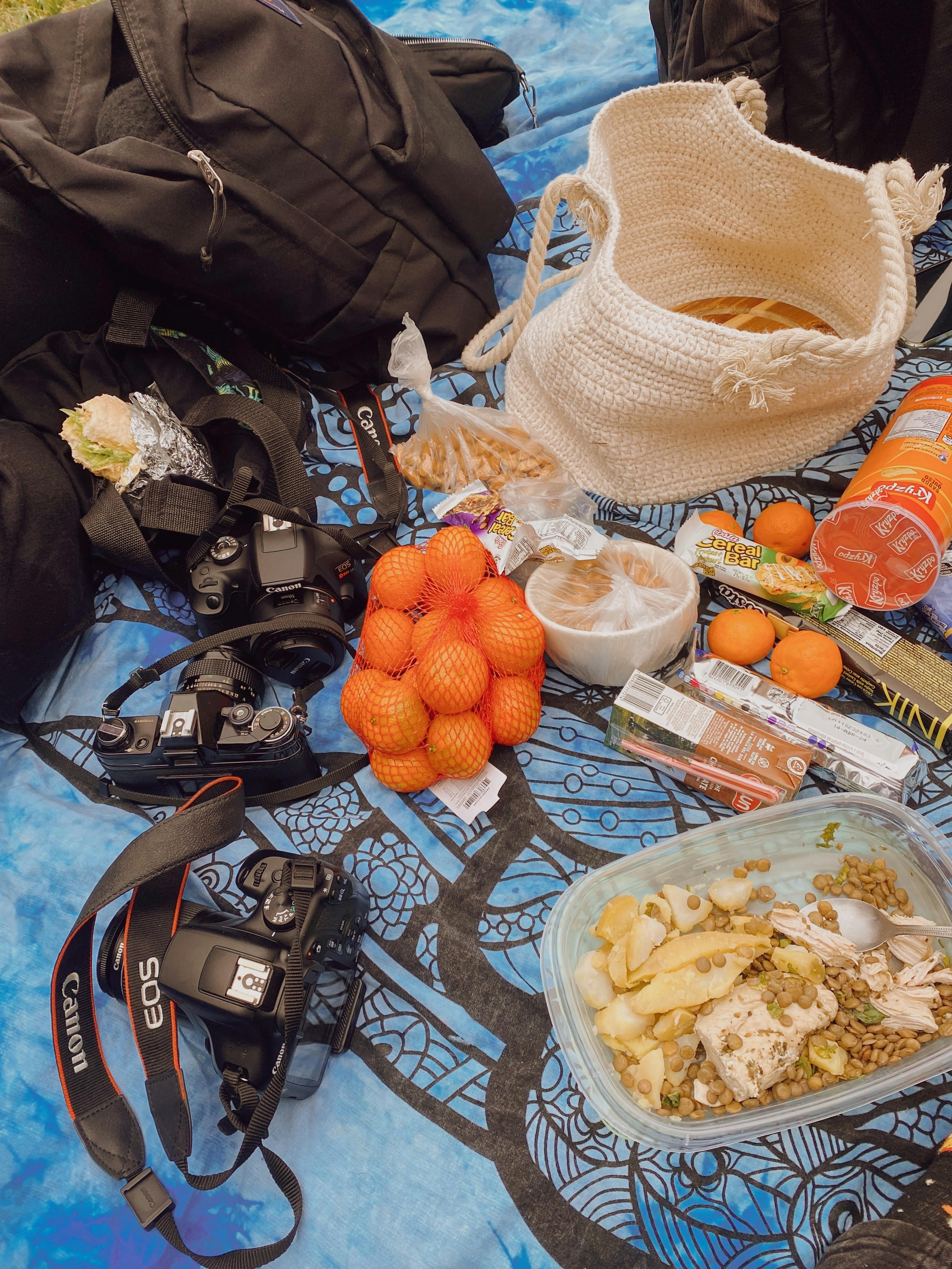 Outdoor Picnic Setup with Cameras and Snacks · Free Stock Photo