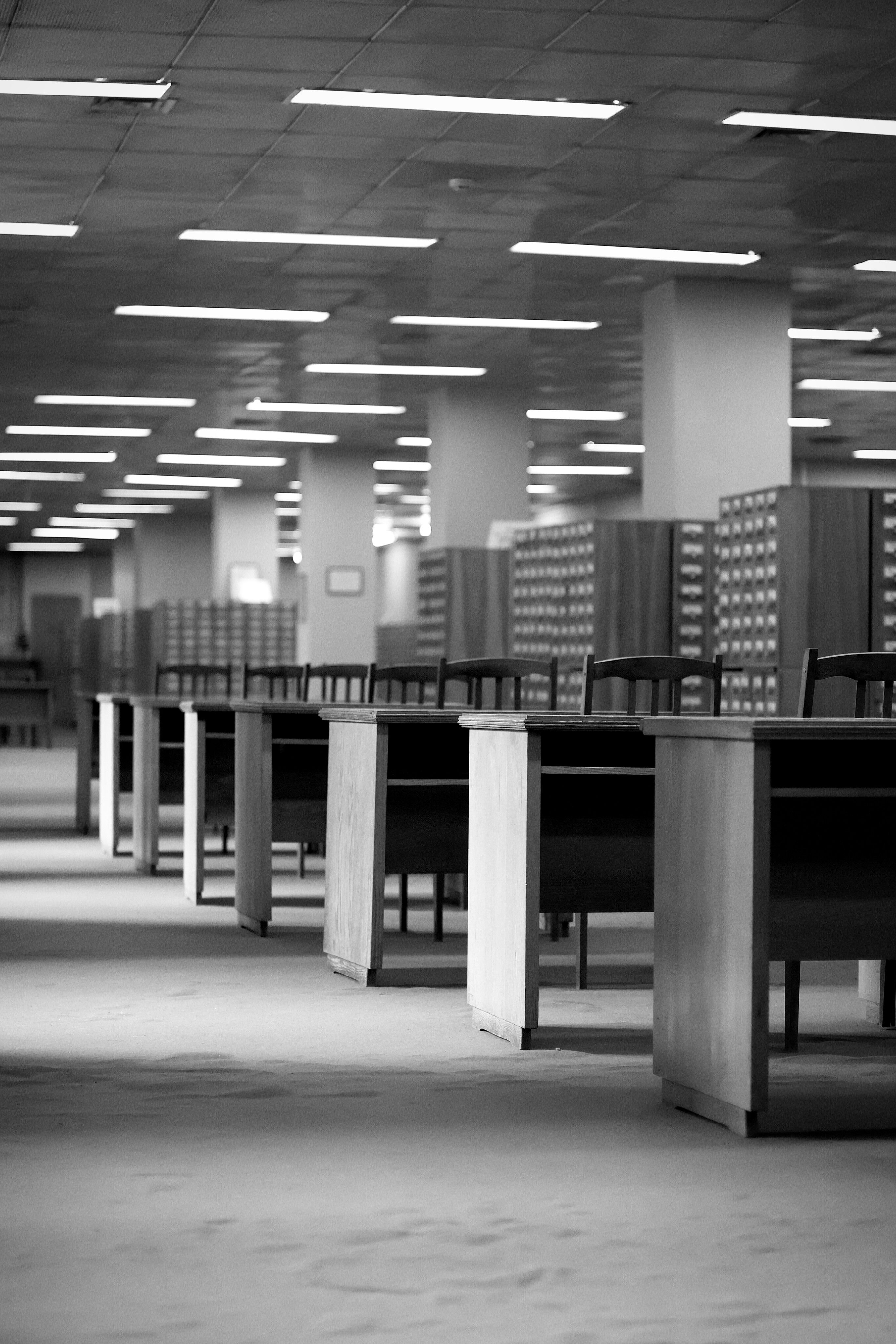 Monochrome Library Interior with Rows of Desks · Free Stock Photo