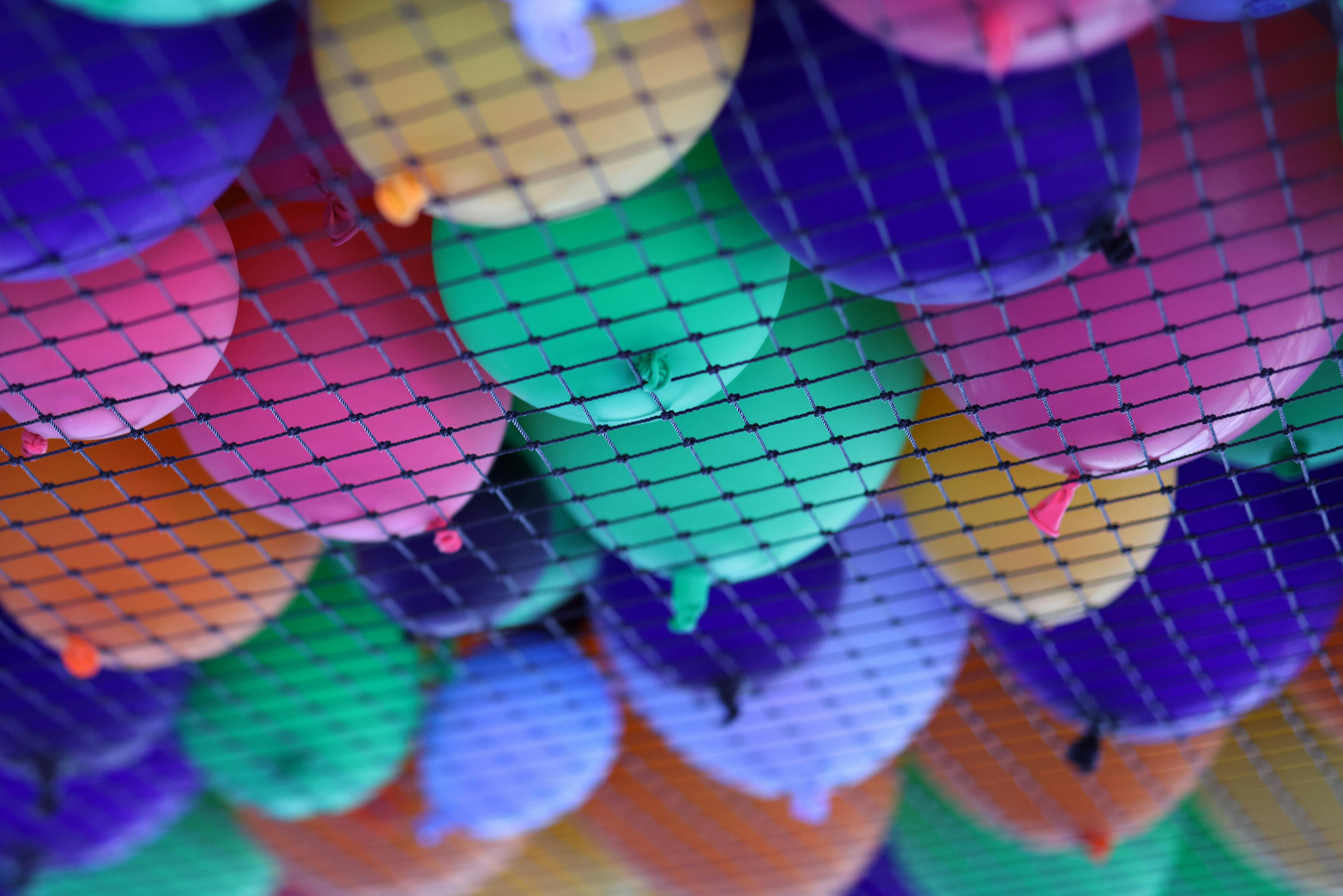 Colorful Balloons Behind a Netting Display · Free Stock Photo