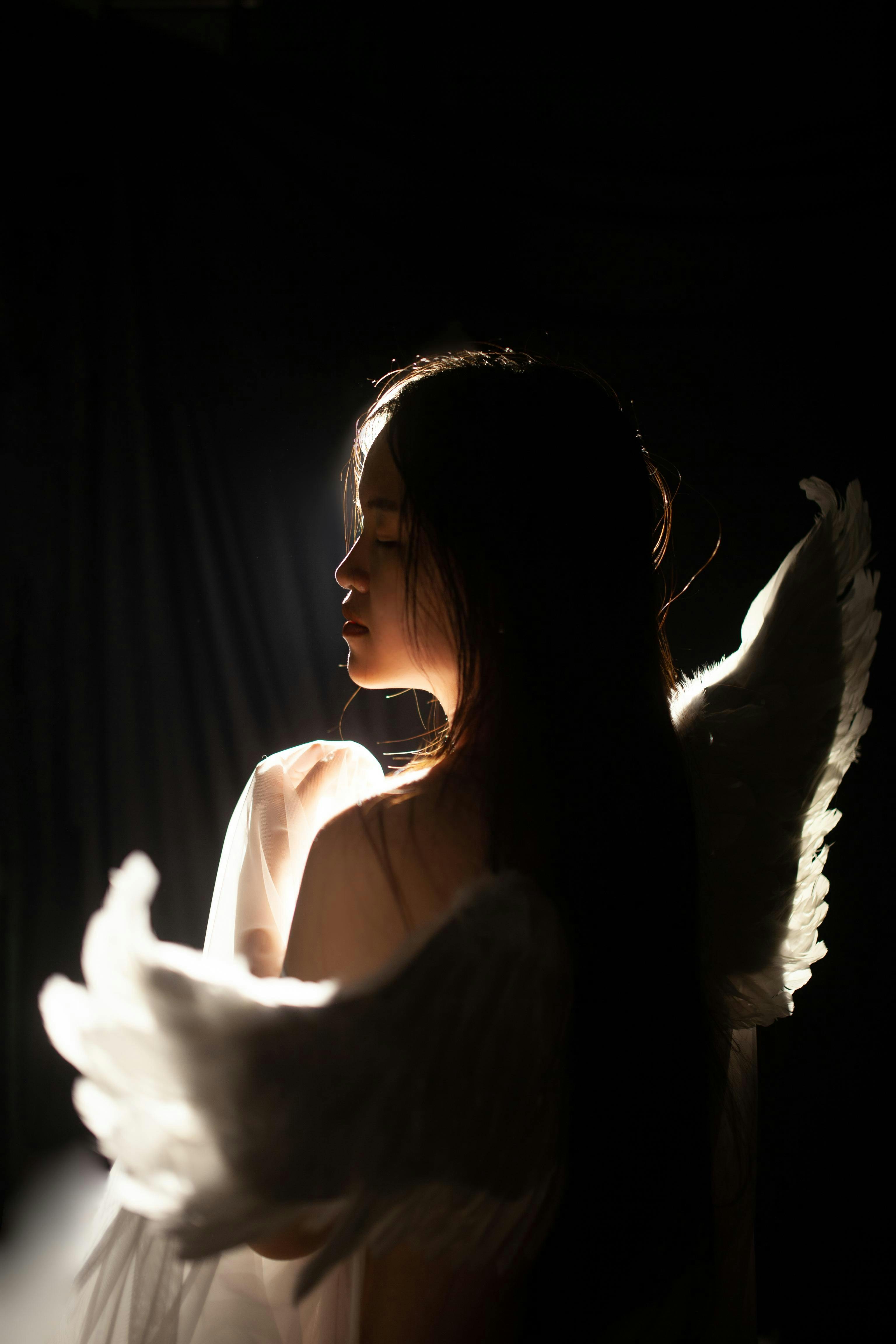 Serene Angelic Figure Resting with Wings · Free Stock Photo