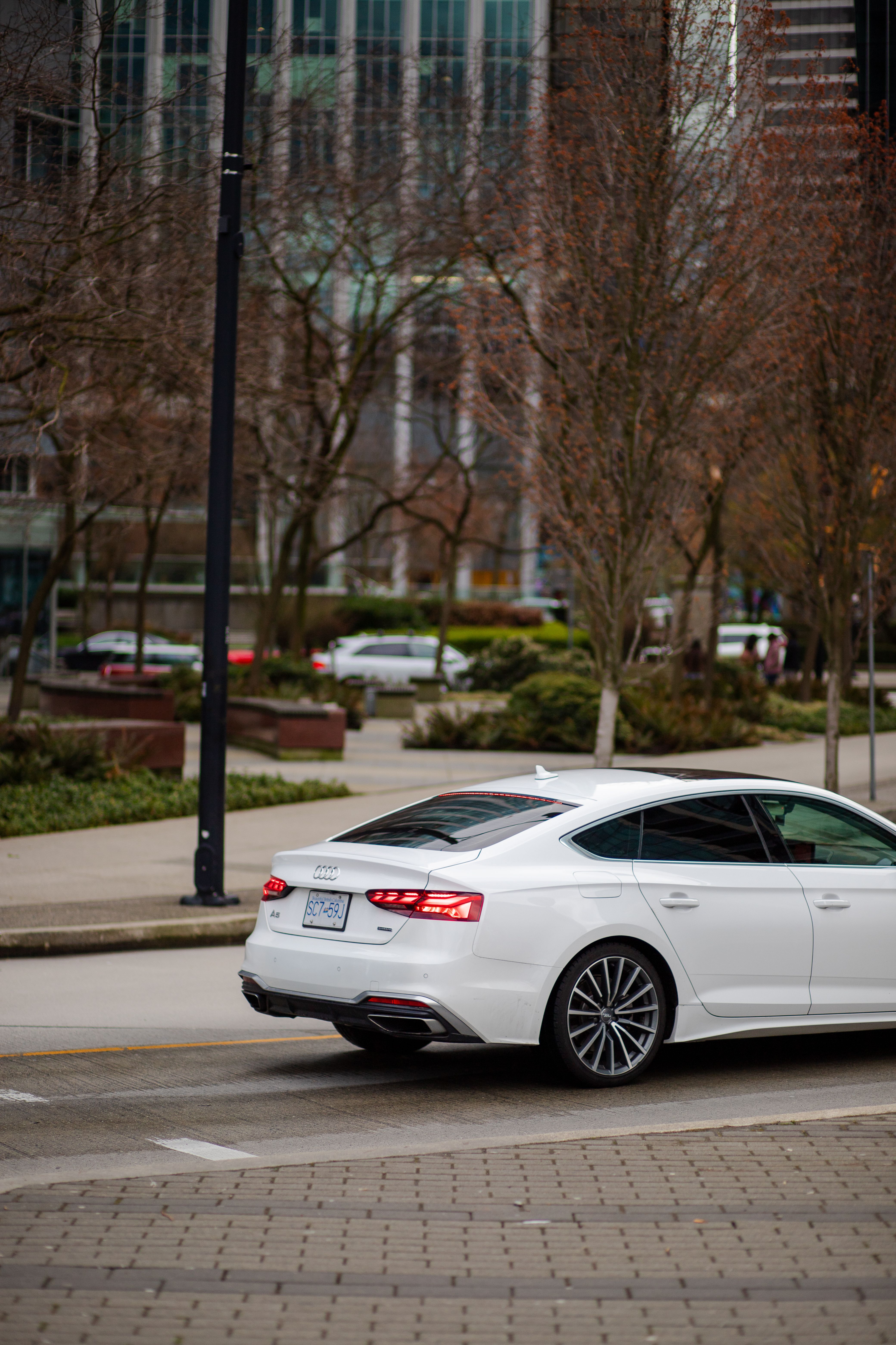 White Car Driving on Urban Street in Autumn · Free Stock Photo