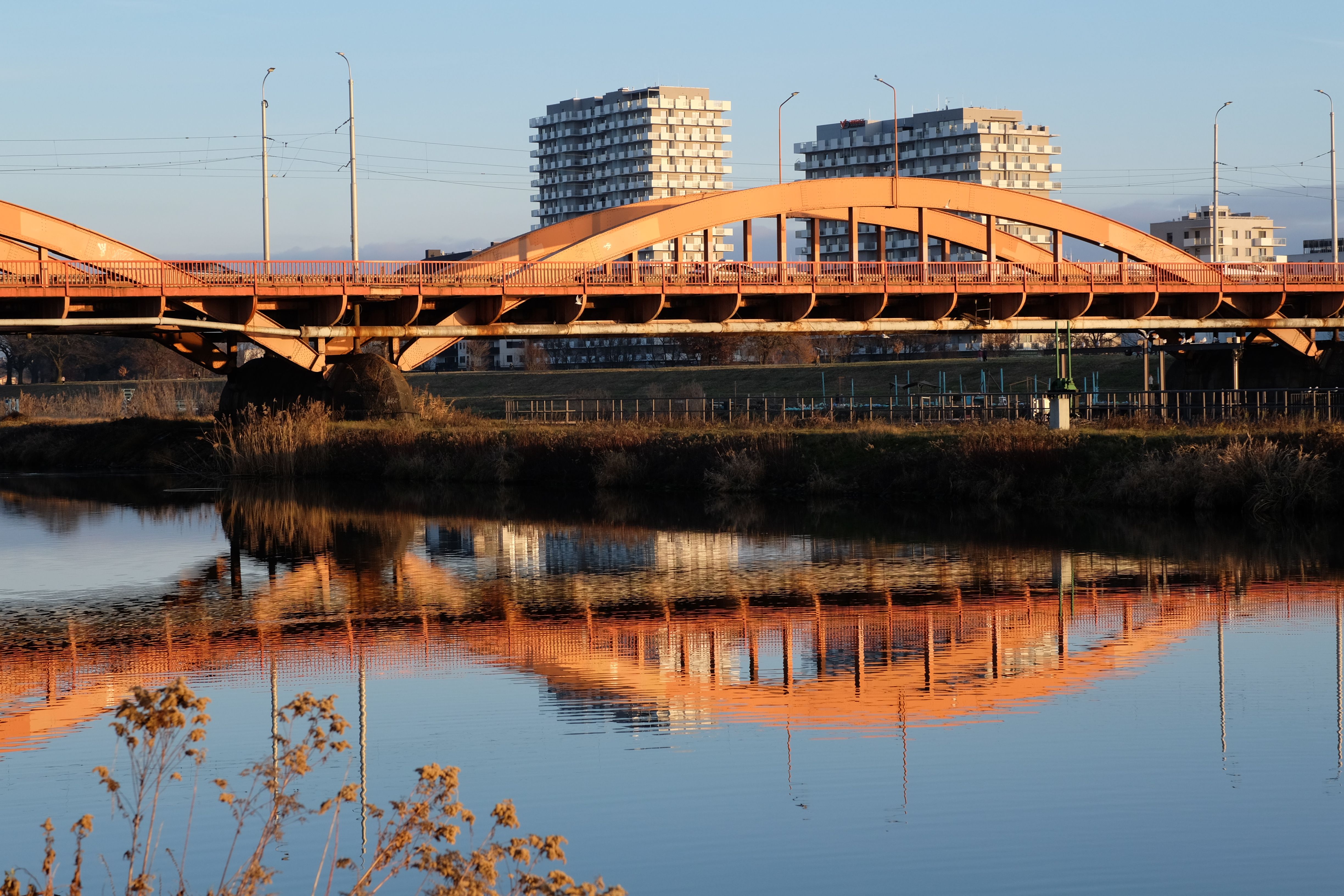 Scenic Bridge Reflection Over Calm Urban River · Free Stock Photo