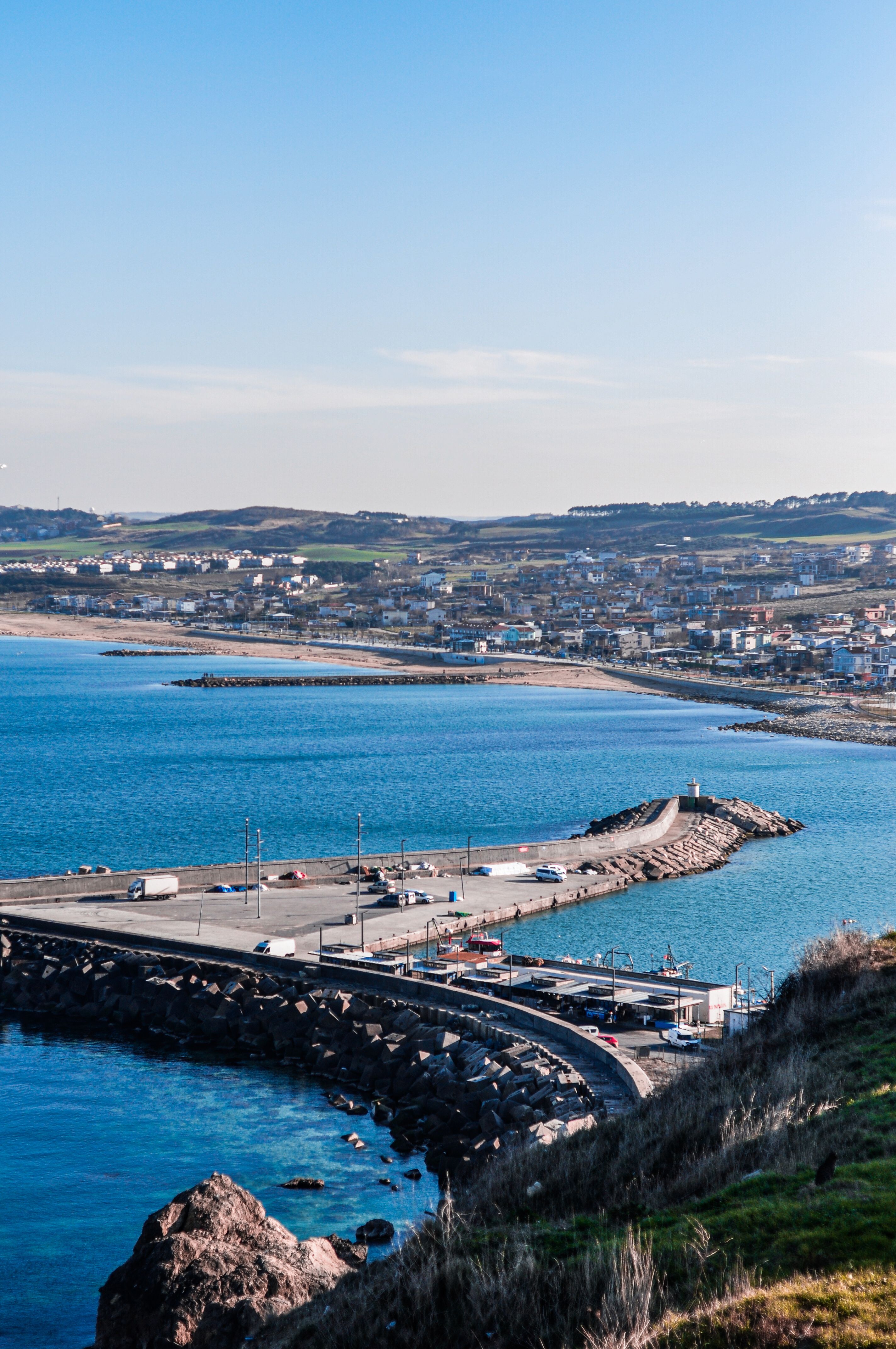 Aerial View of Scenic Seaside Town and Harbor · Free Stock Photo
