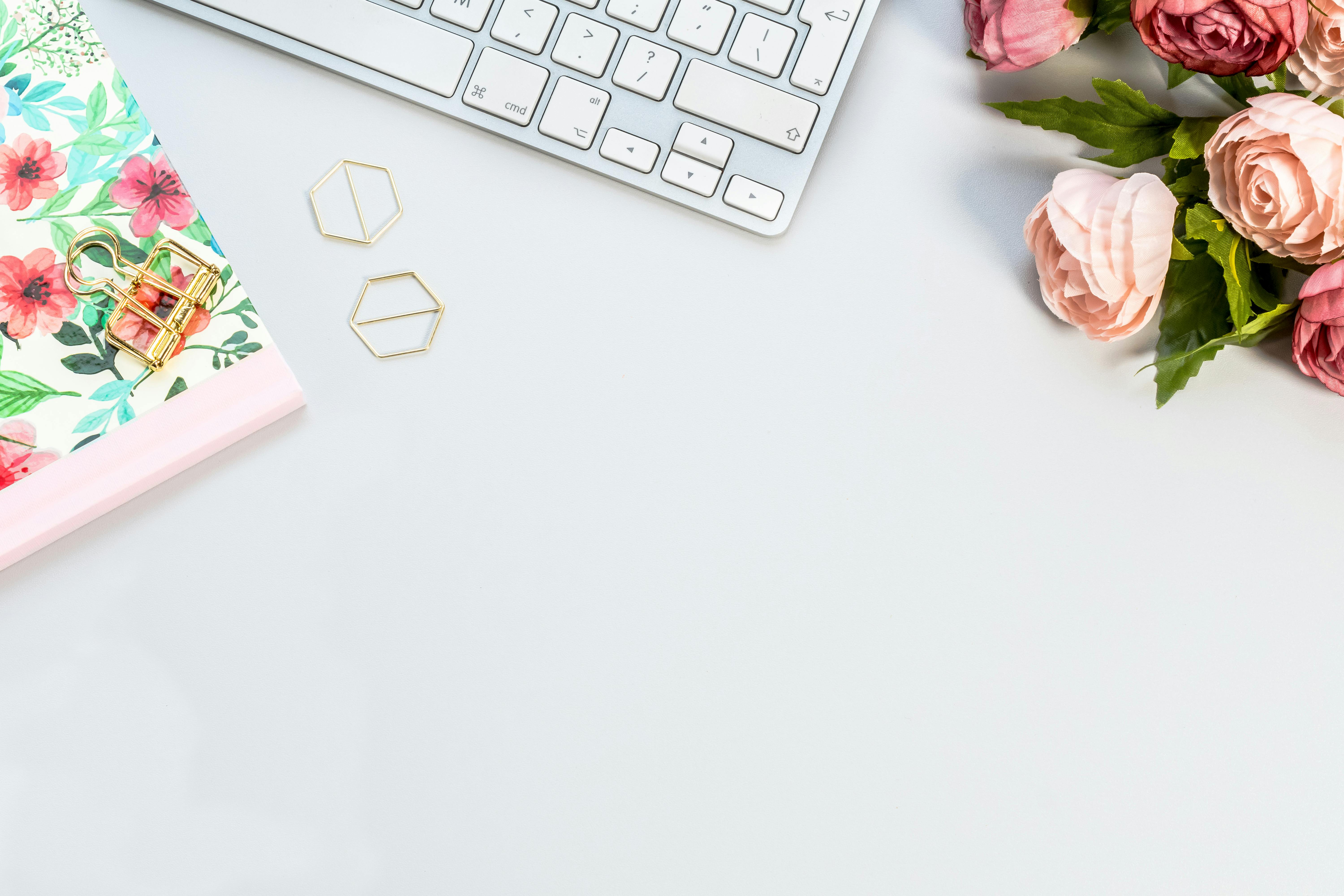 Stylish Office Desk Flat Lay with Notebook and Flowers · Free Stock Photo