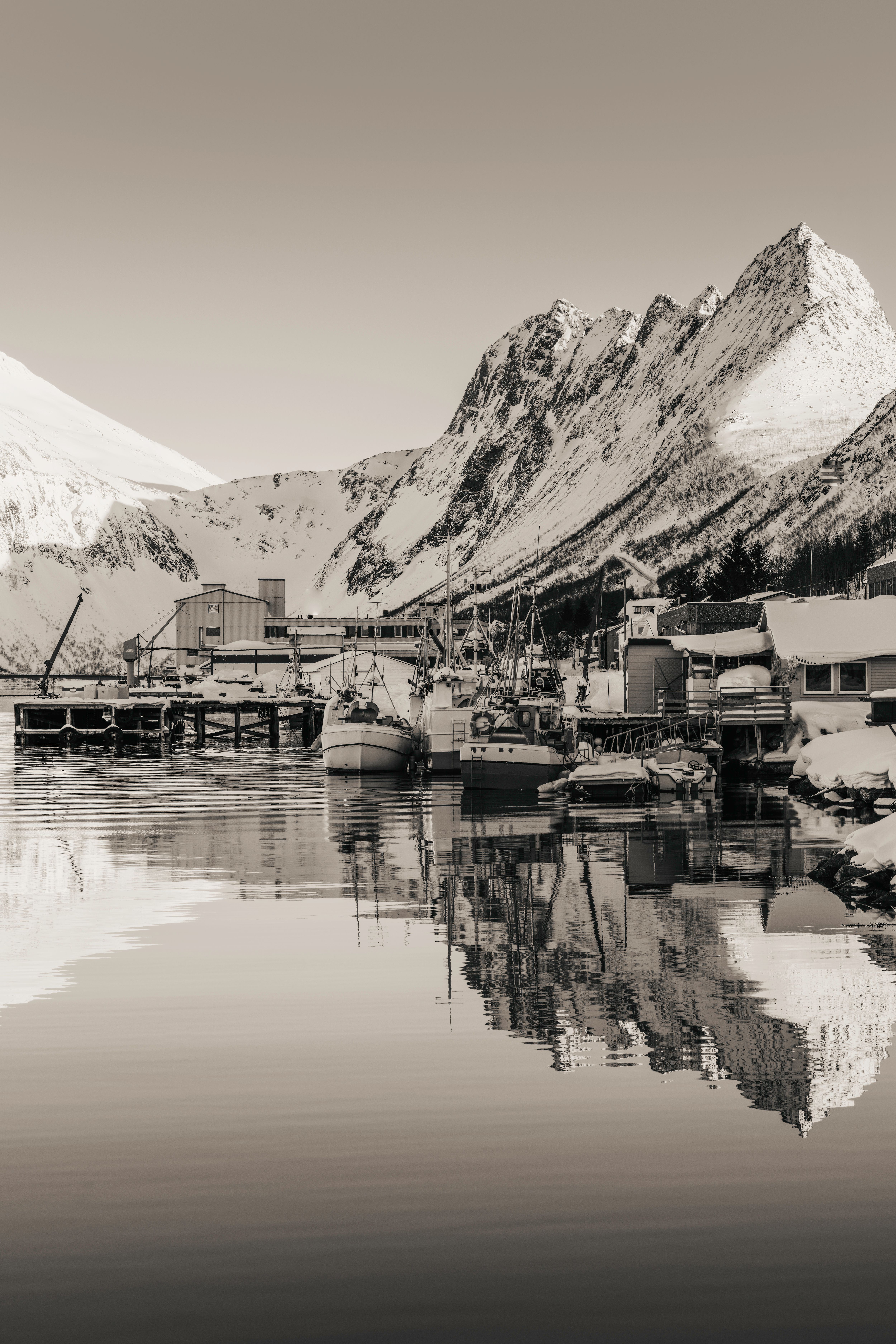 Serene Winter Harbor Scene with Snow-Capped Mountains · Free Stock Photo