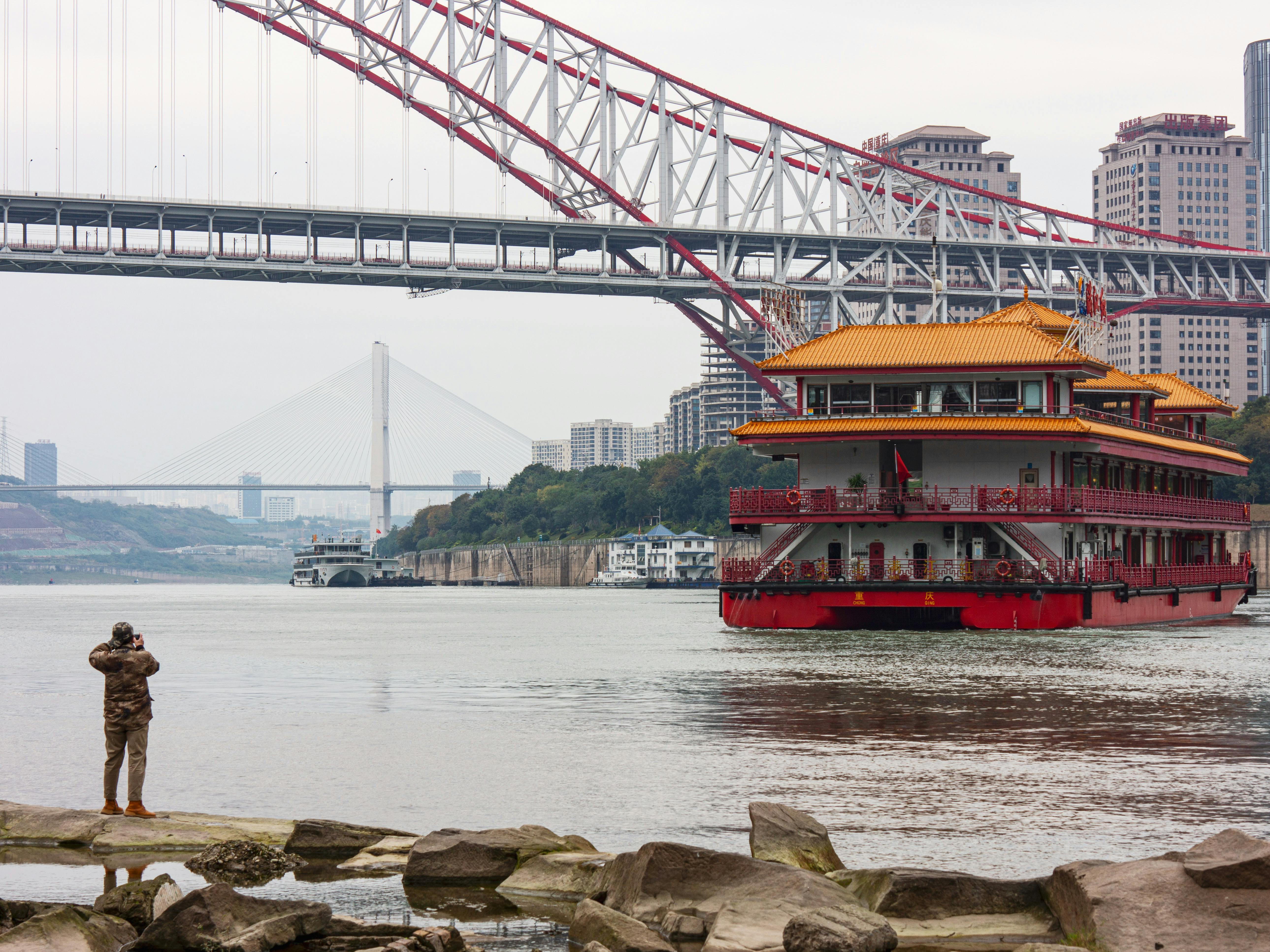 Traditional Chinese Boat on Yangtze River under Bridge · Free Stock Photo