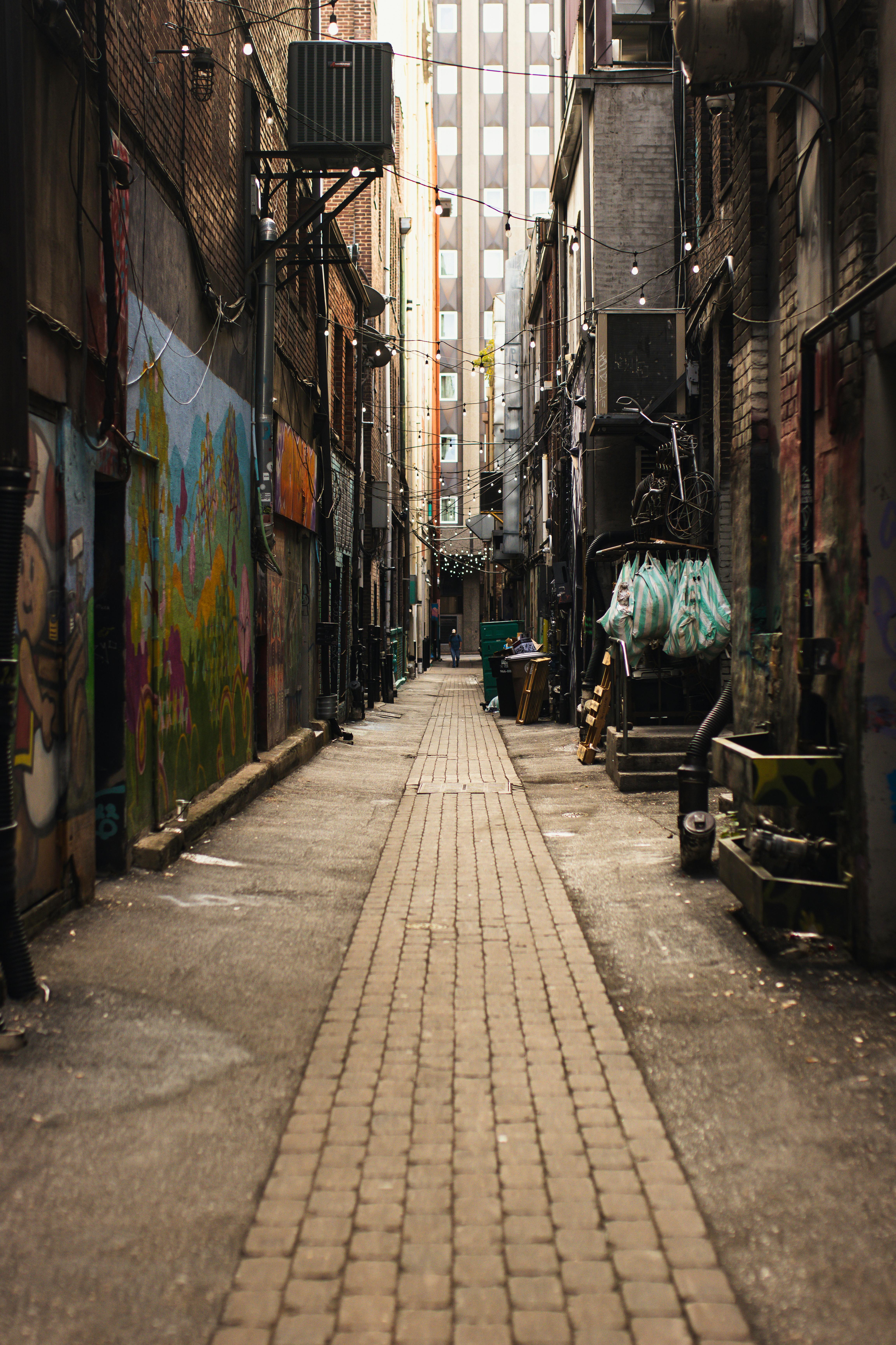 Urban Alleyway with Graffiti and String Lights · Free Stock Photo