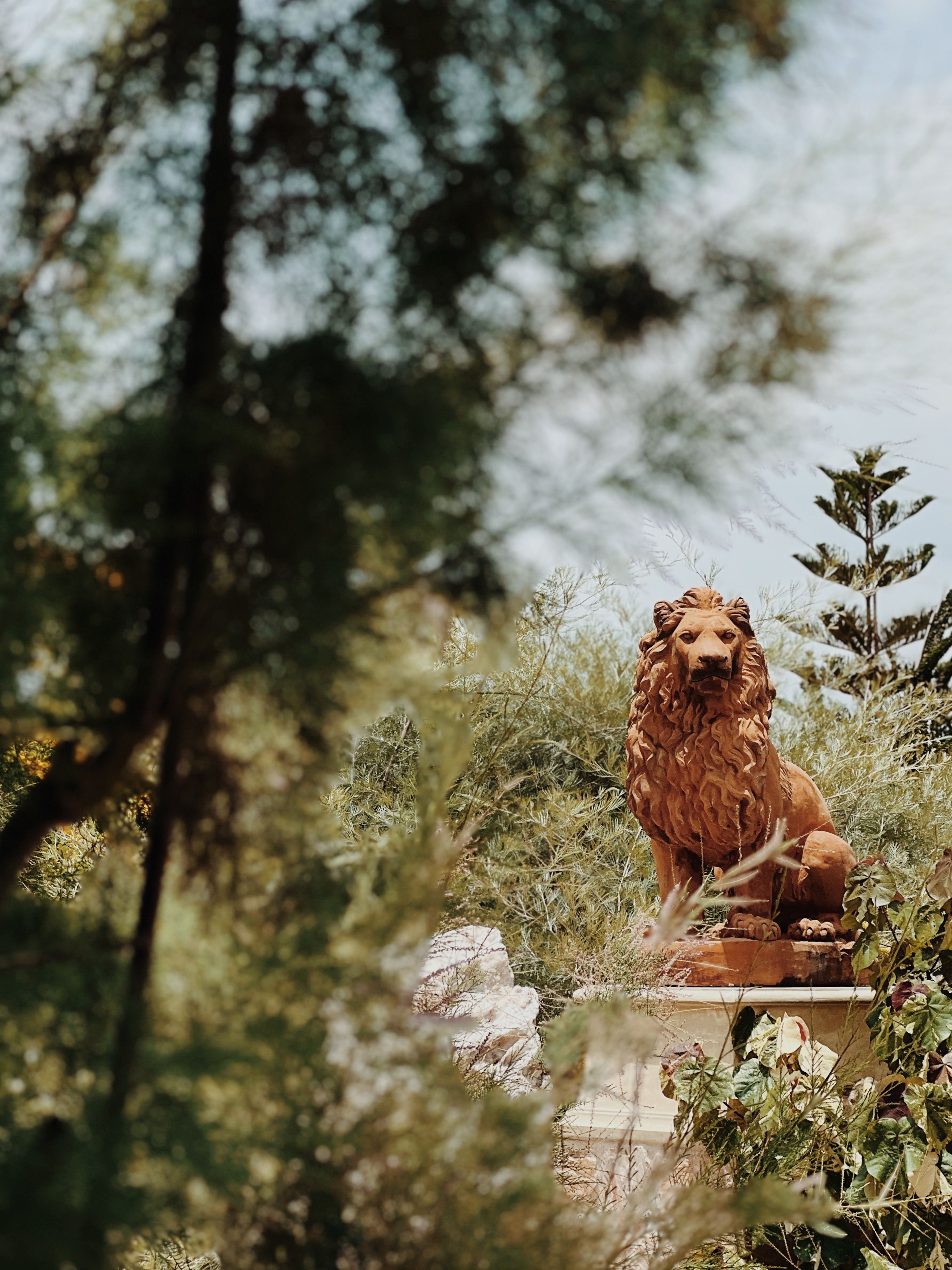 Majestic Lion Statue in Lush Garden Setting · Free Stock Photo