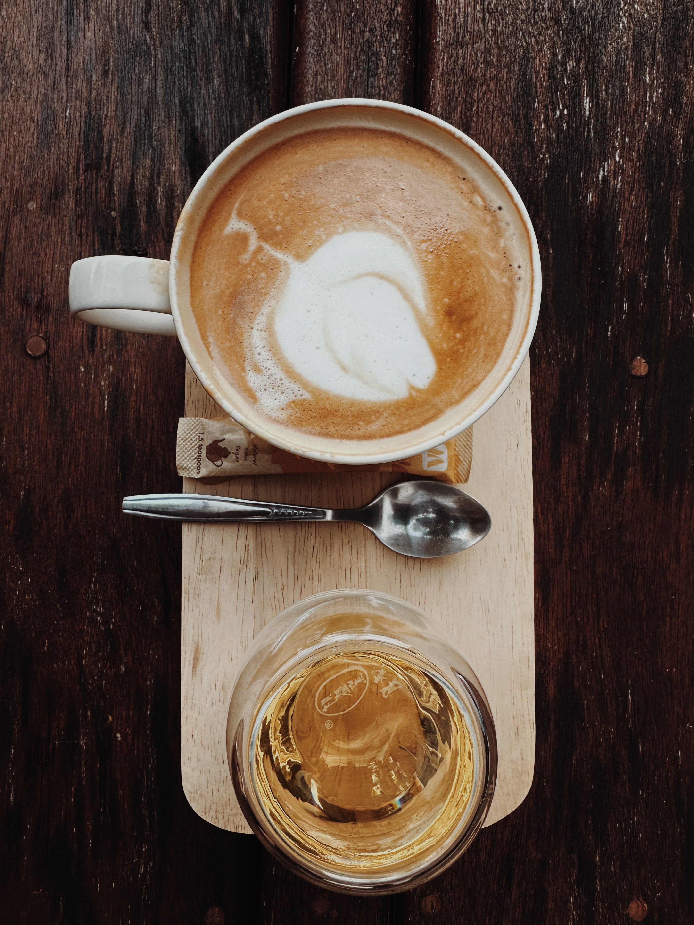 Aesthetic Flat Lay of Latte and Tea on Wooden Table · Free Stock Photo