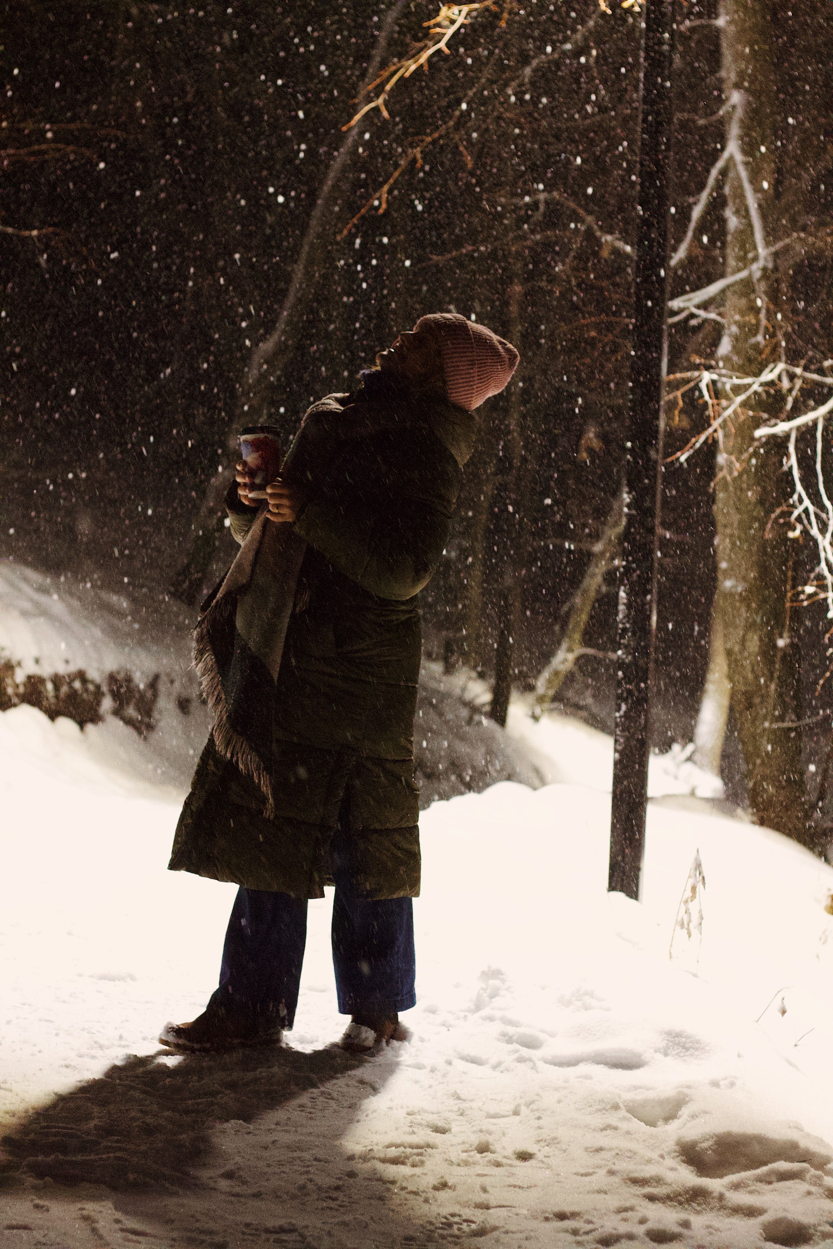 Woman Enjoying Snowfall at Night in Russian Winter · Free Stock Photo