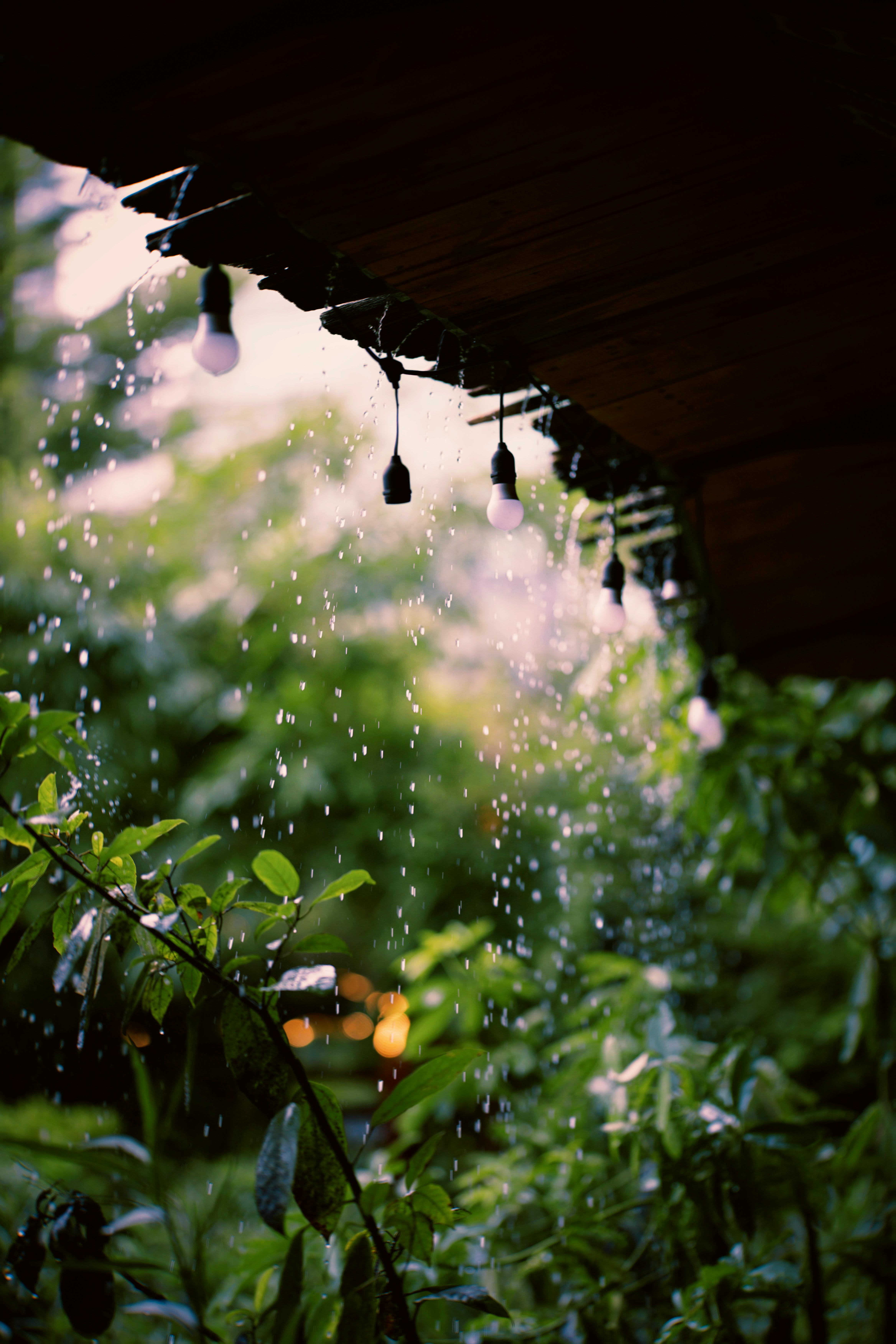 Rain Falling from Roof with Hanging Lights in Hanoi · Free Stock Photo