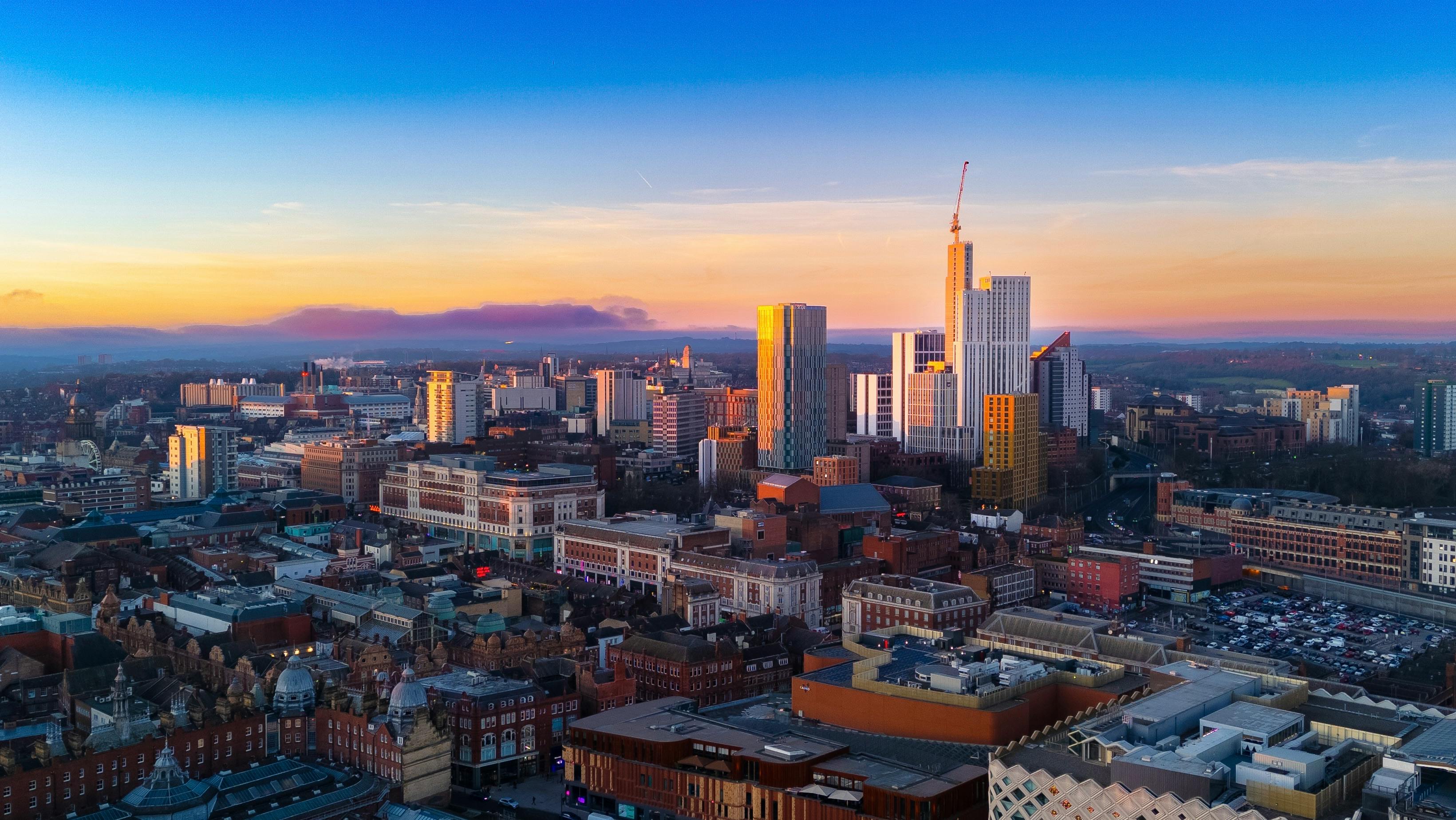 Aerial View of Leeds Skyline at Sunset · Free Stock Photo