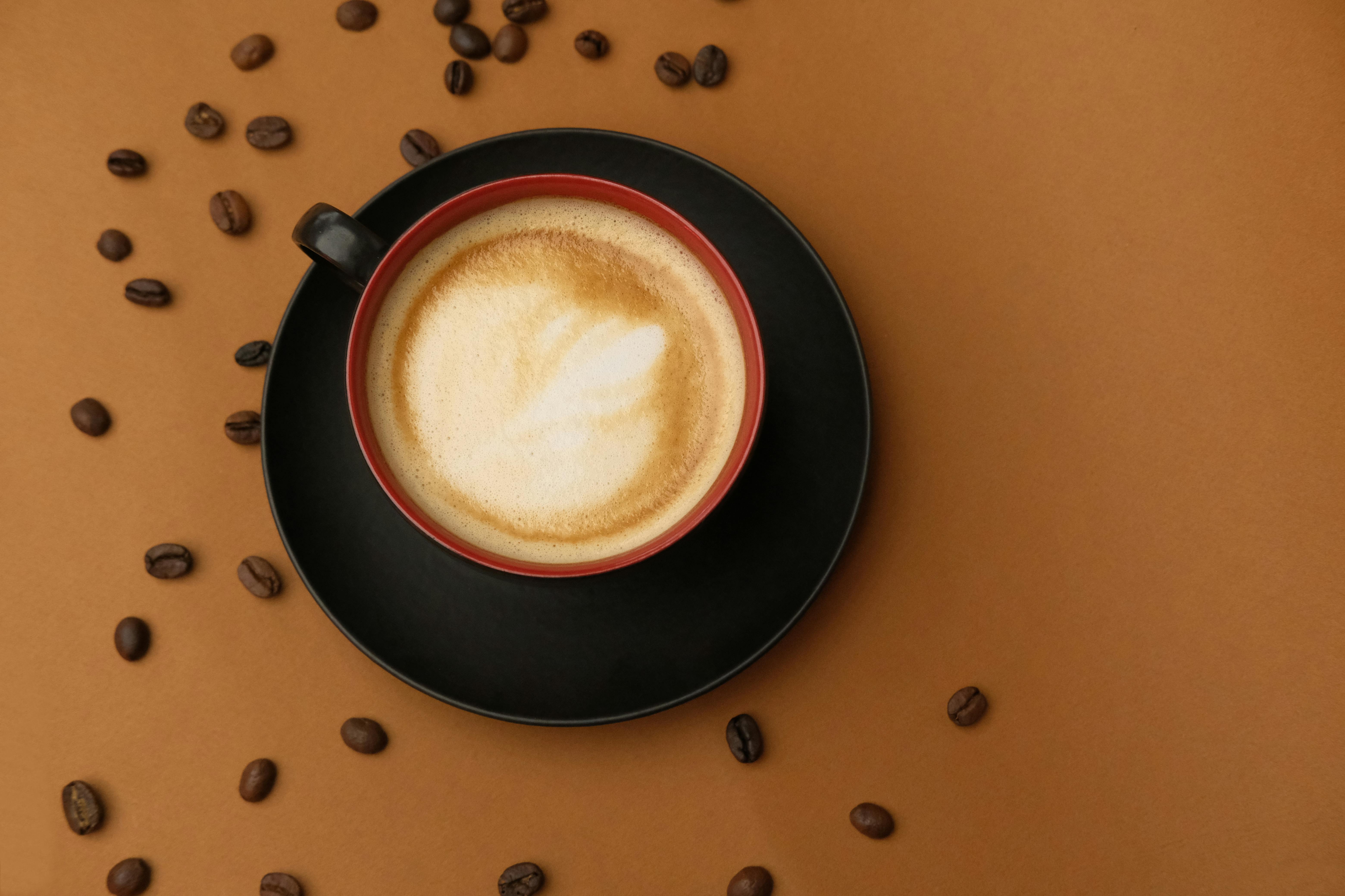 Elegant Coffee Cup with Frothy Art and Beans · Free Stock Photo