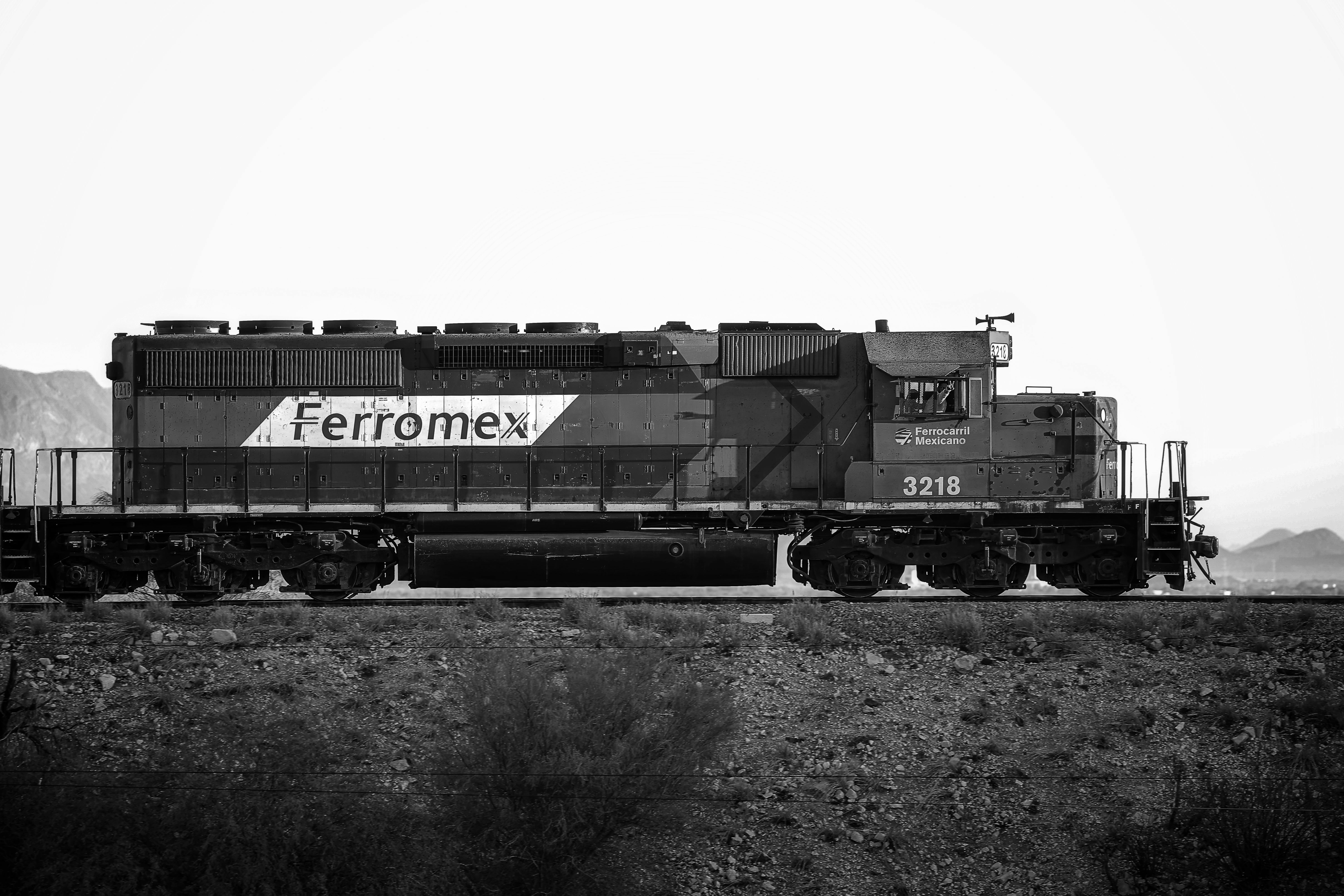 Ferromex Train in Black and White Desert Scene · Free Stock Photo