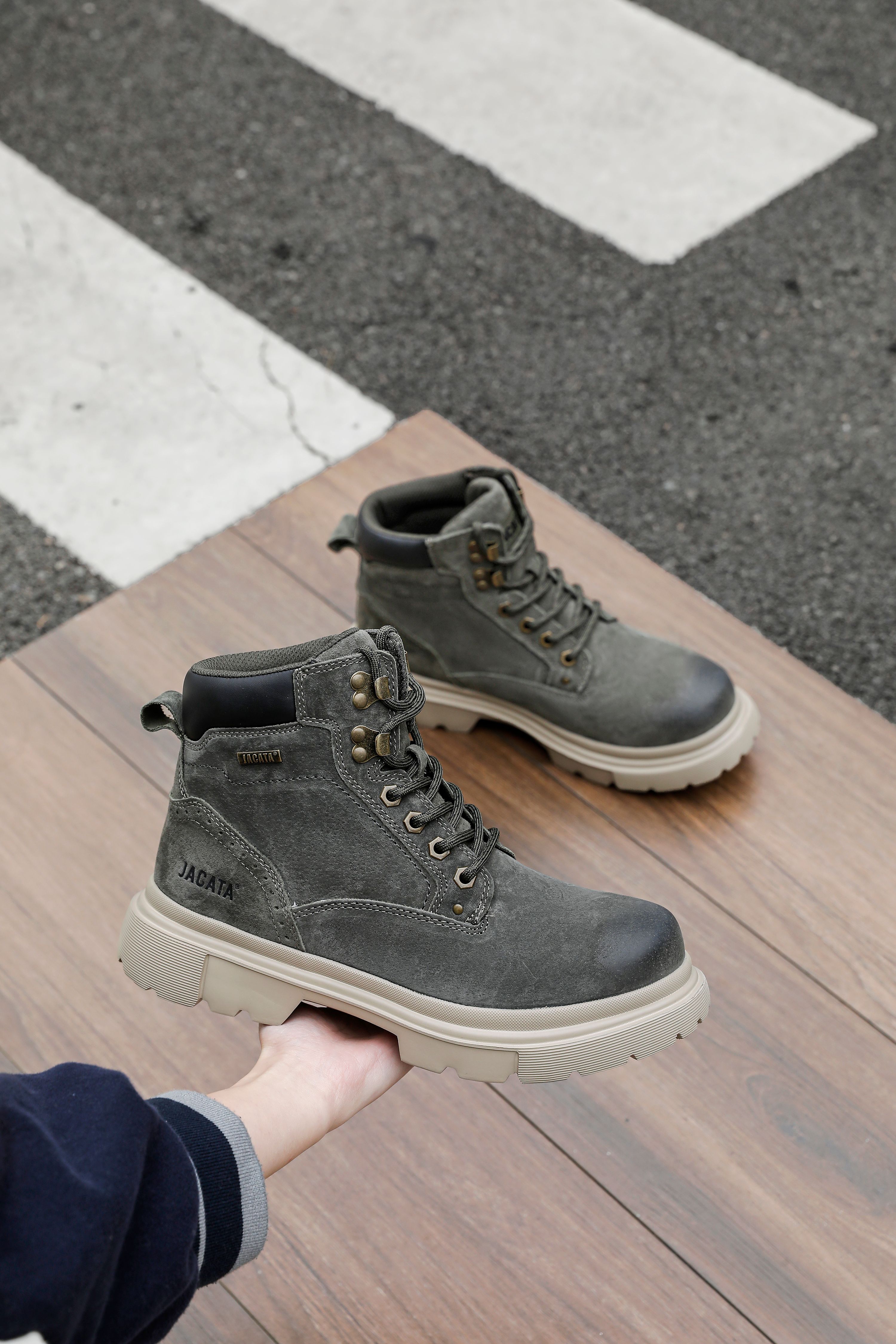 Stylish Gray Hiking Boots on Wooden Platform · Free Stock Photo