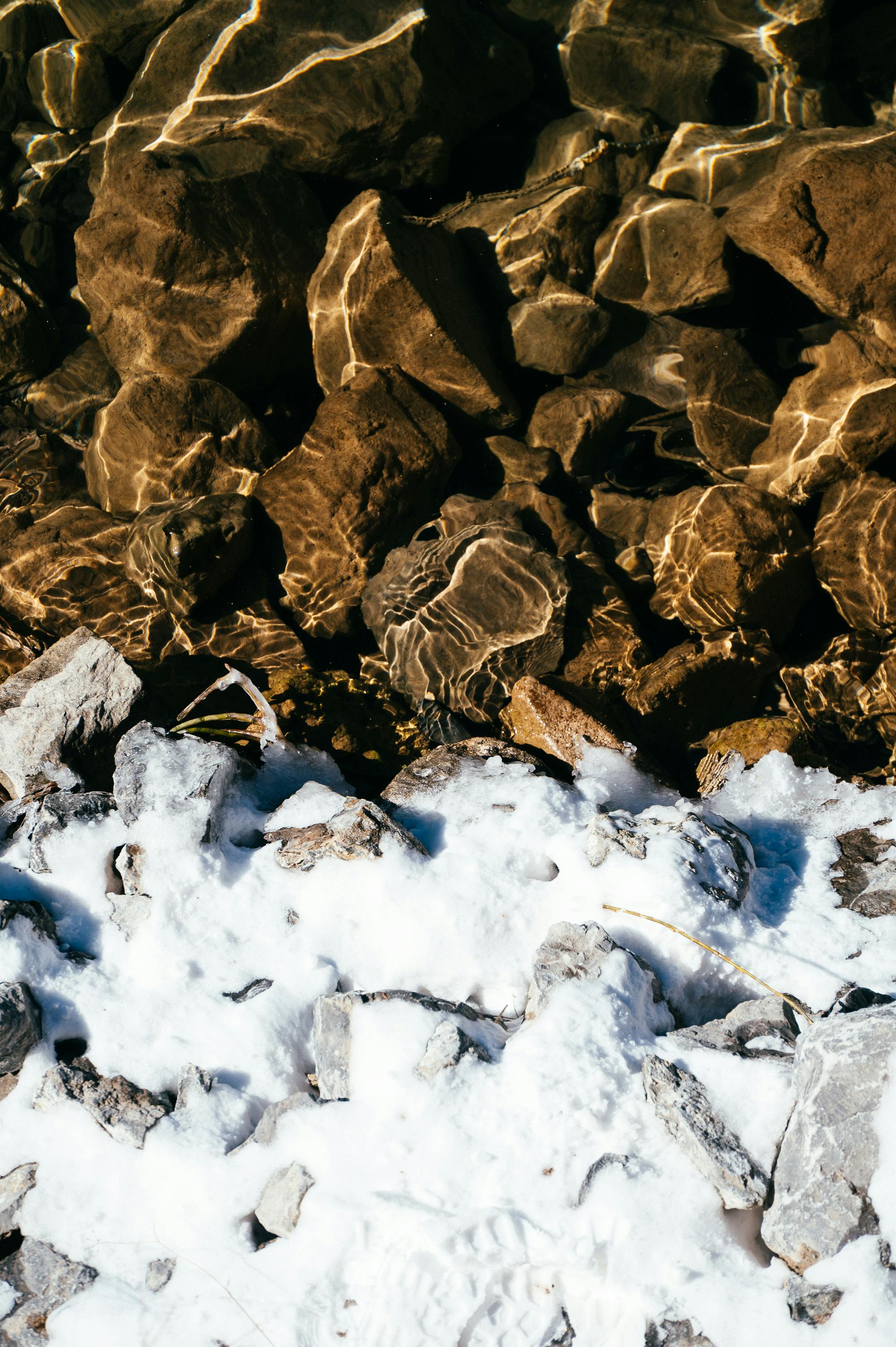 Transition Between Snow and Water on Rocks · Free Stock Photo