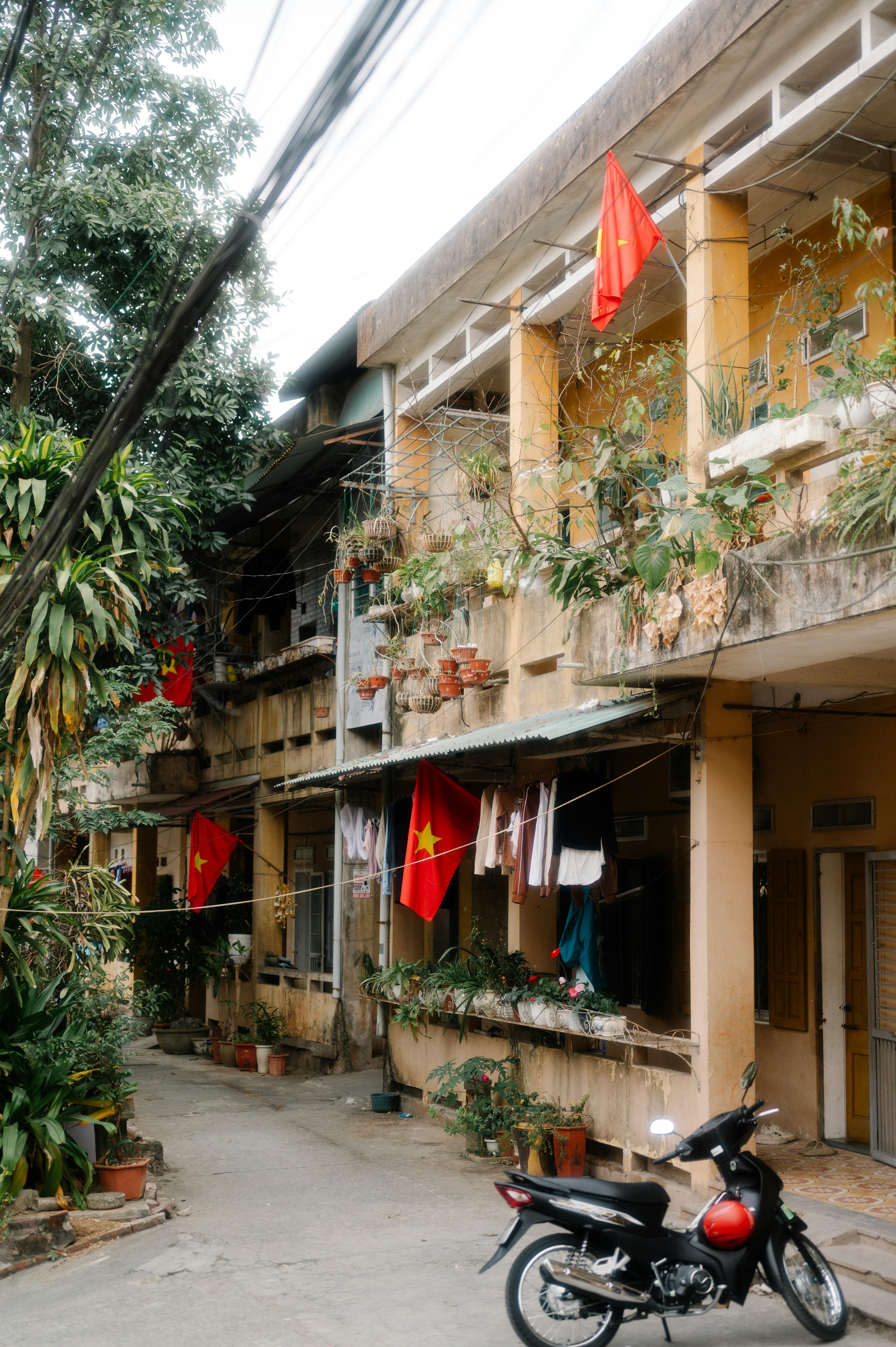 Traditional Vietnamese Street Scene with Flags · Free Stock Photo