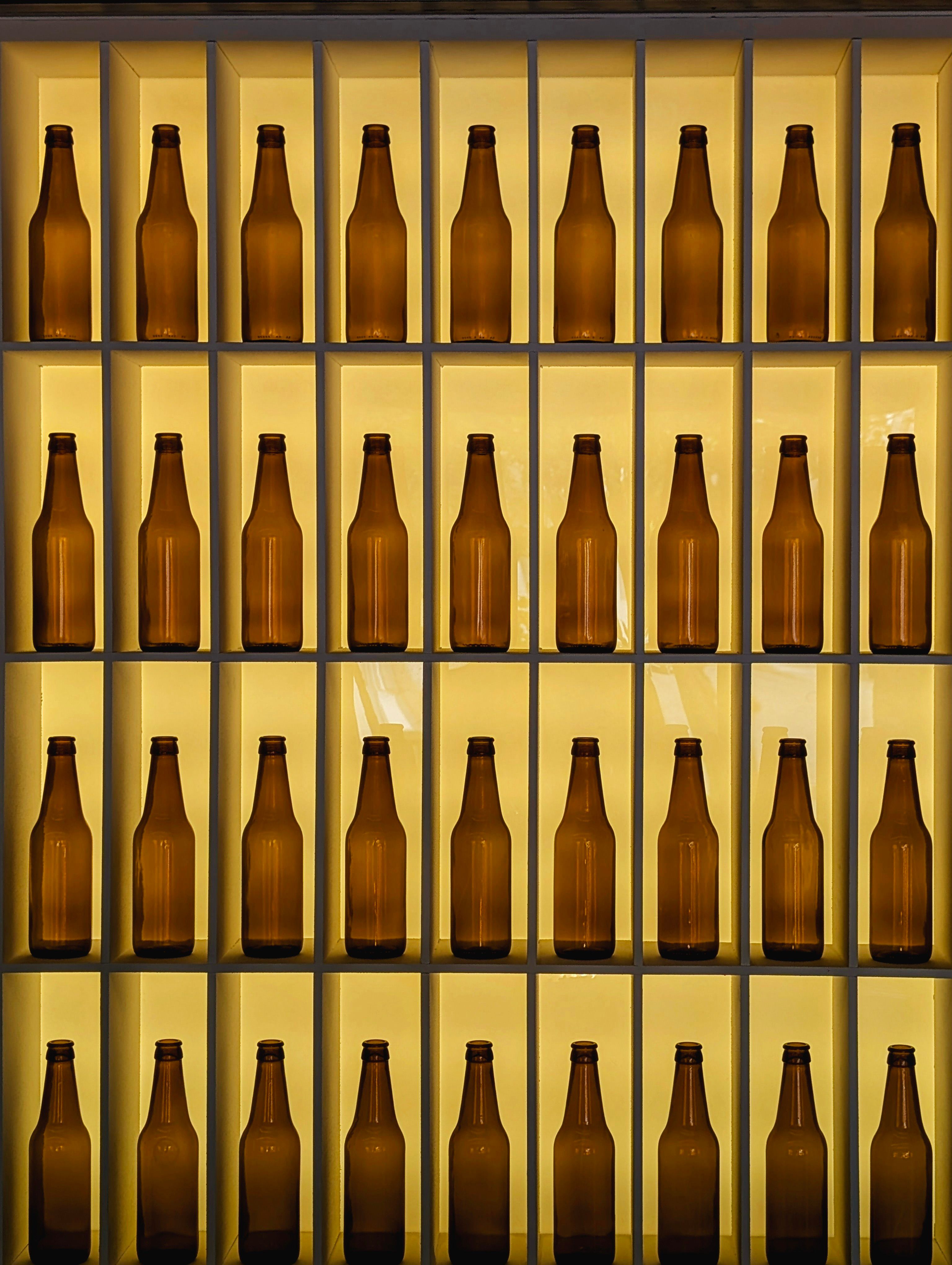 Wall of Empty Beer Bottles Backlit in Bar · Free Stock Photo