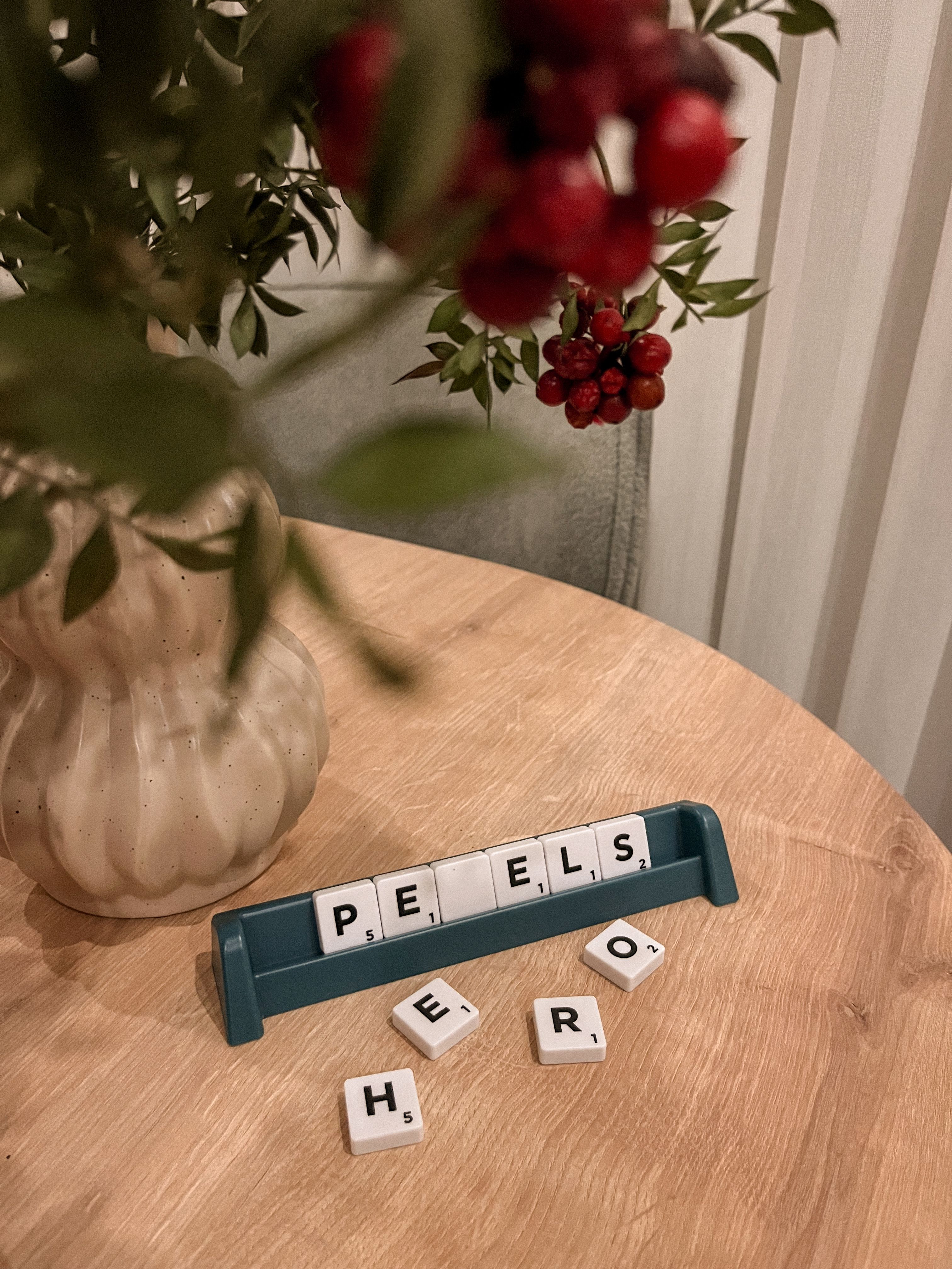 Scrabble Tile Arrangement with Flower Vase · Free Stock Photo