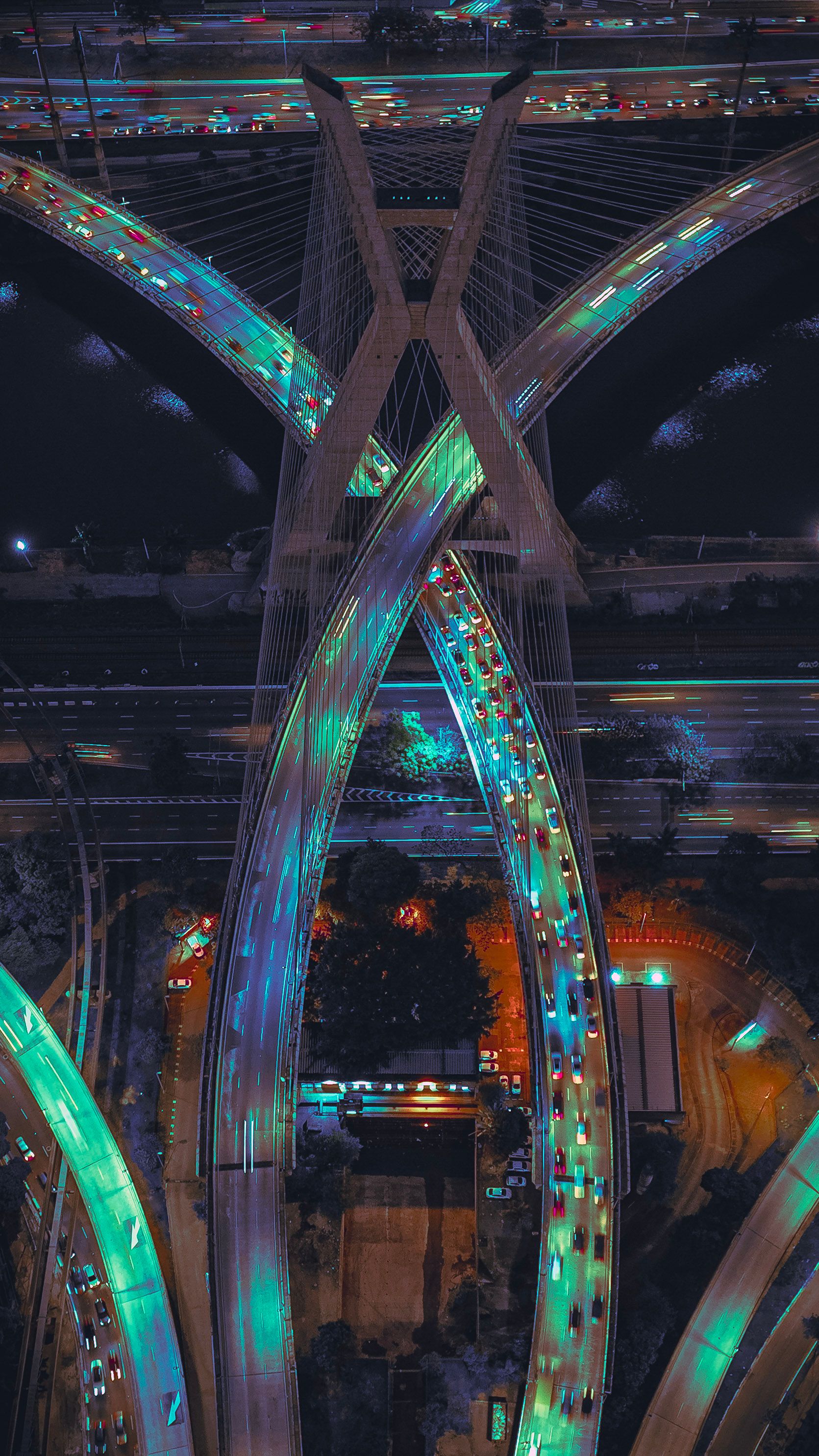 Aerial view of illuminated bridge at night · Free Stock Photo