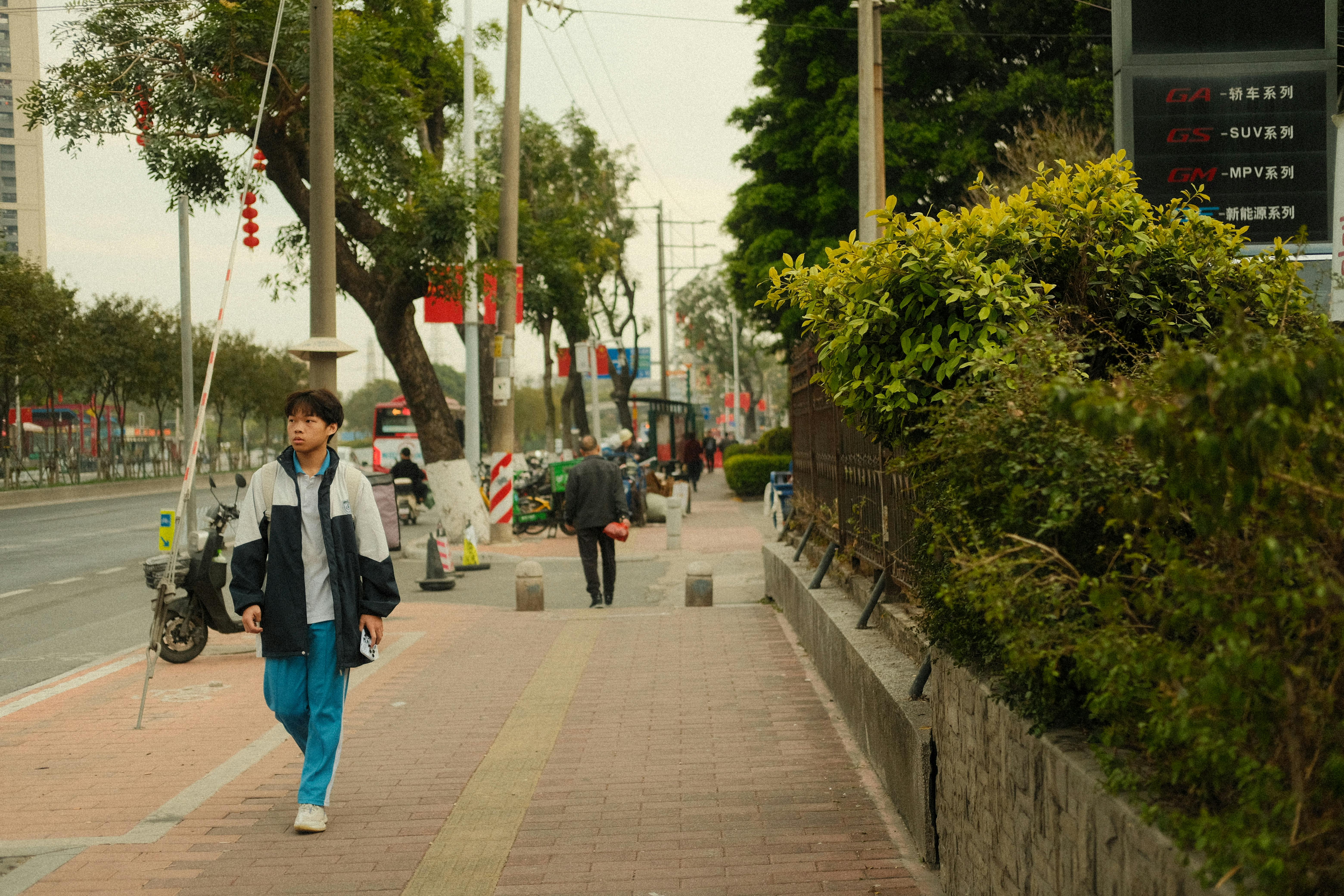 Urban Street Scene with Pedestrians and Greenery · Free Stock Photo