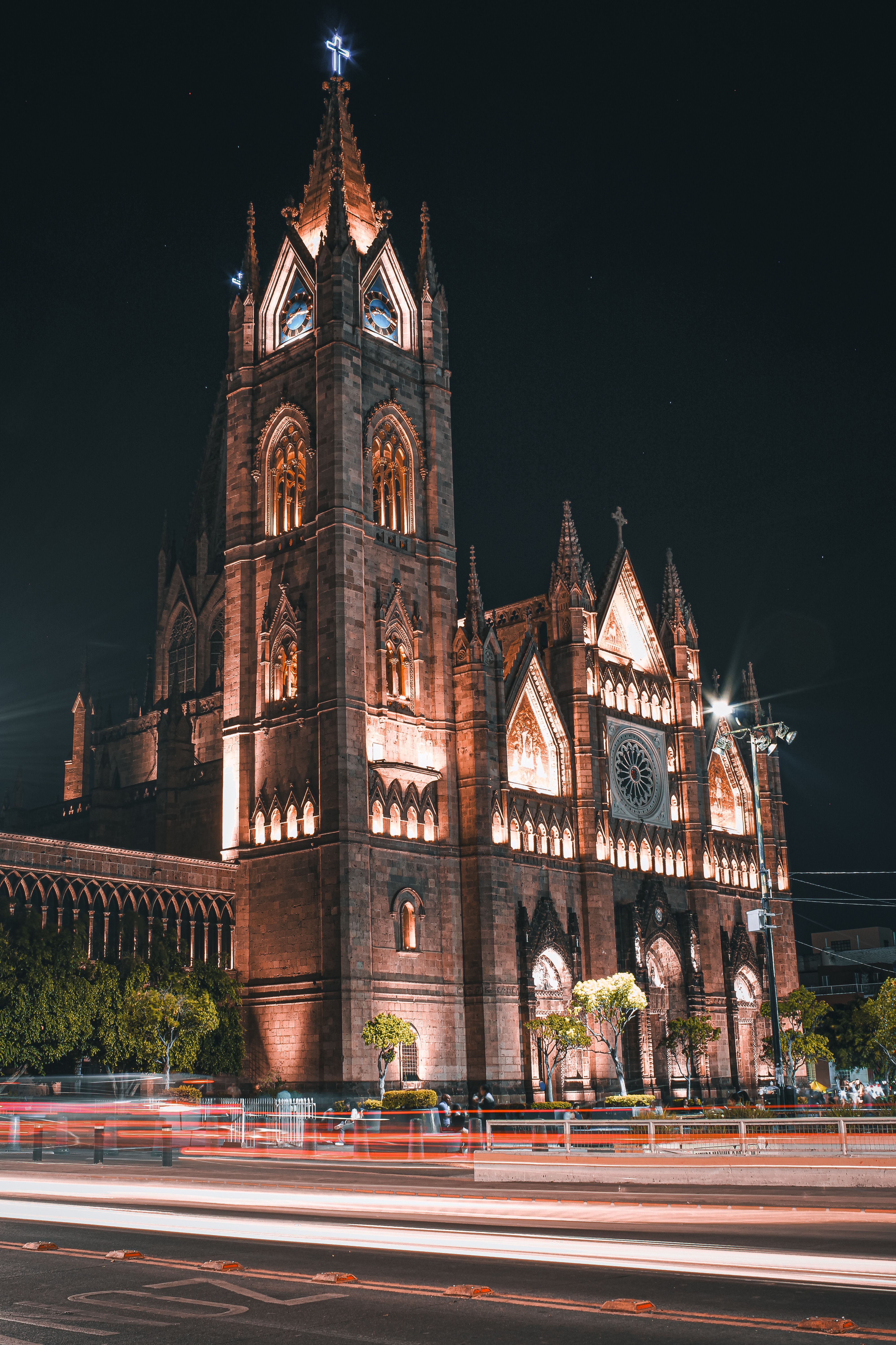 Majestic Gothic Cathedral at Night in City Lights · Free Stock Photo