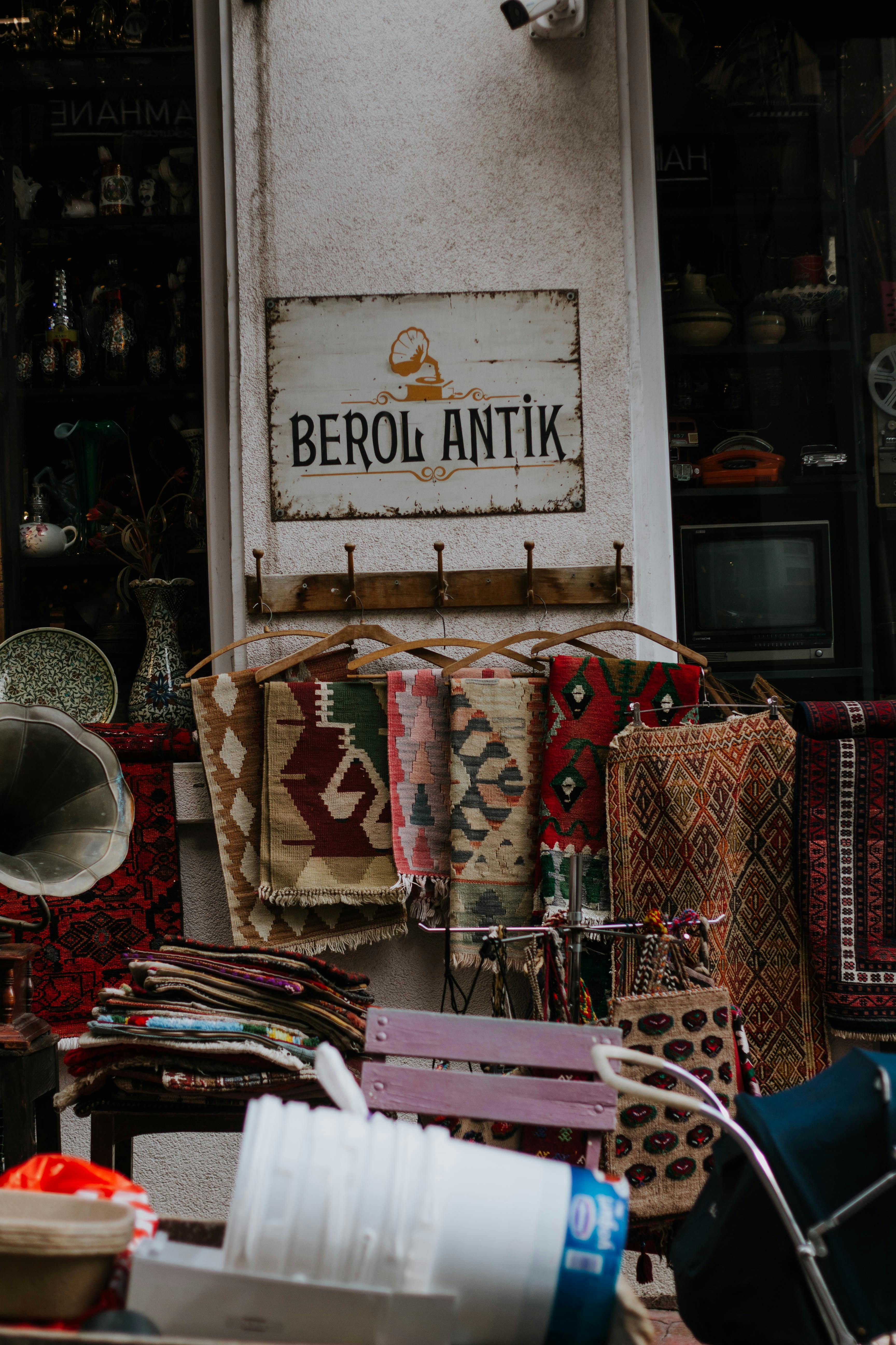 Colorful Turkish Rugs at Berol Antik Storefront · Free Stock Photo