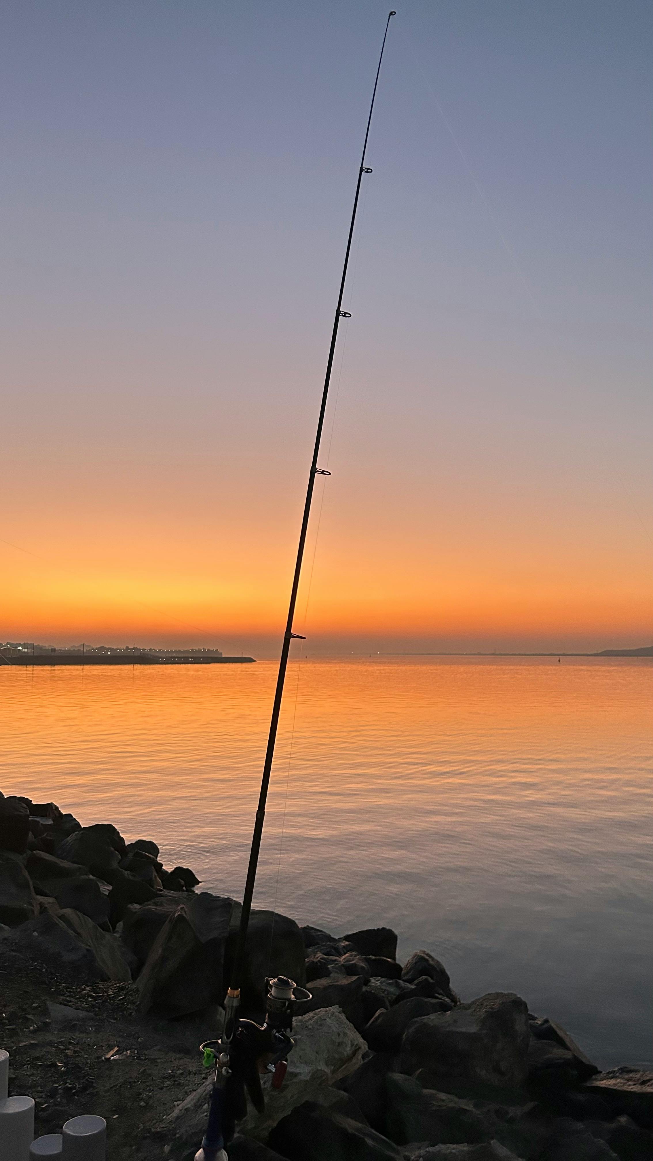 Fishing Rod at Sunset by a Rocky Shoreline · Free Stock Photo