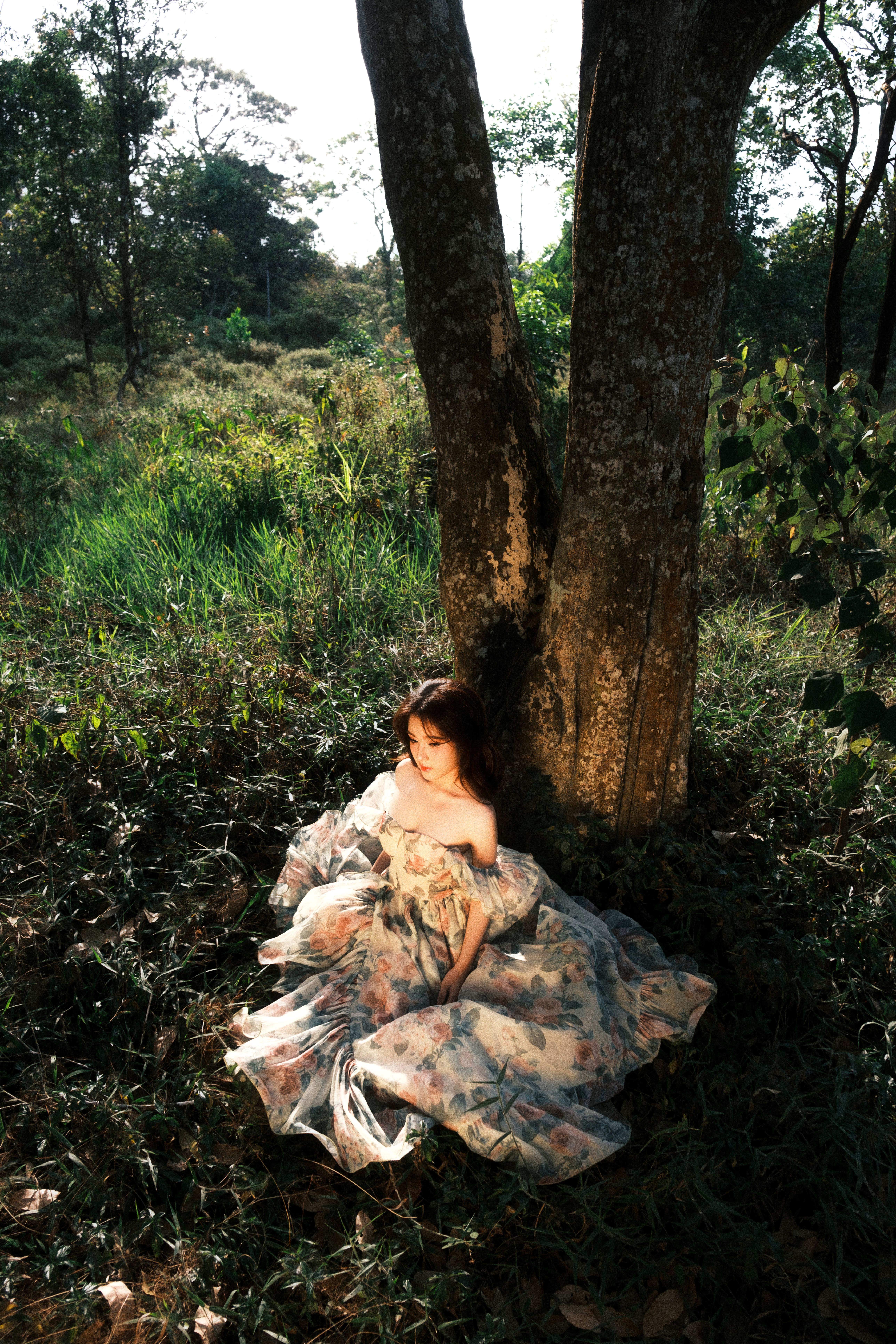 Enchanting Woman in Floral Dress by Tree · Free Stock Photo