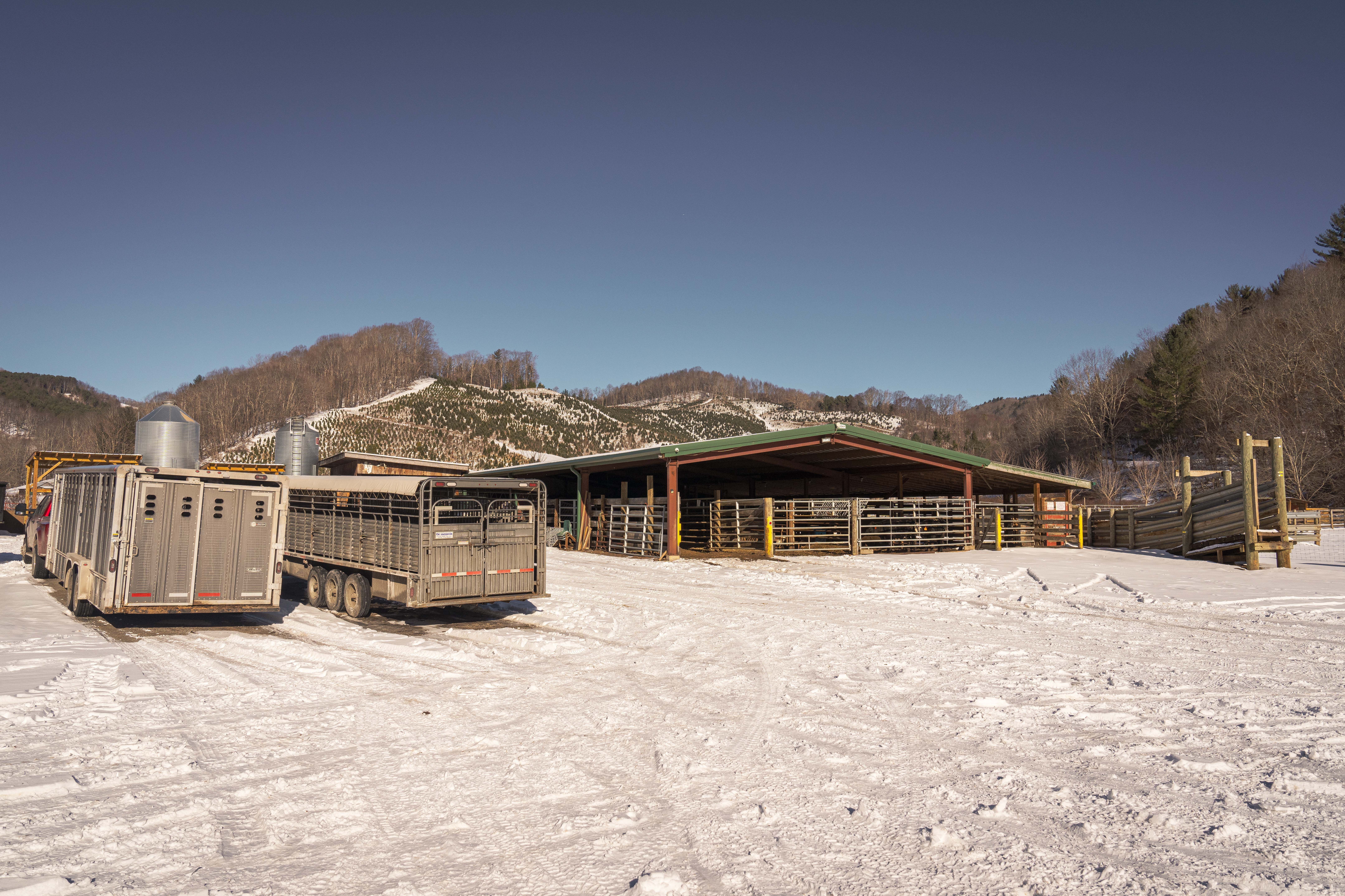 Rustic Farm with Livestock Trailers in Winter · Free Stock Photo