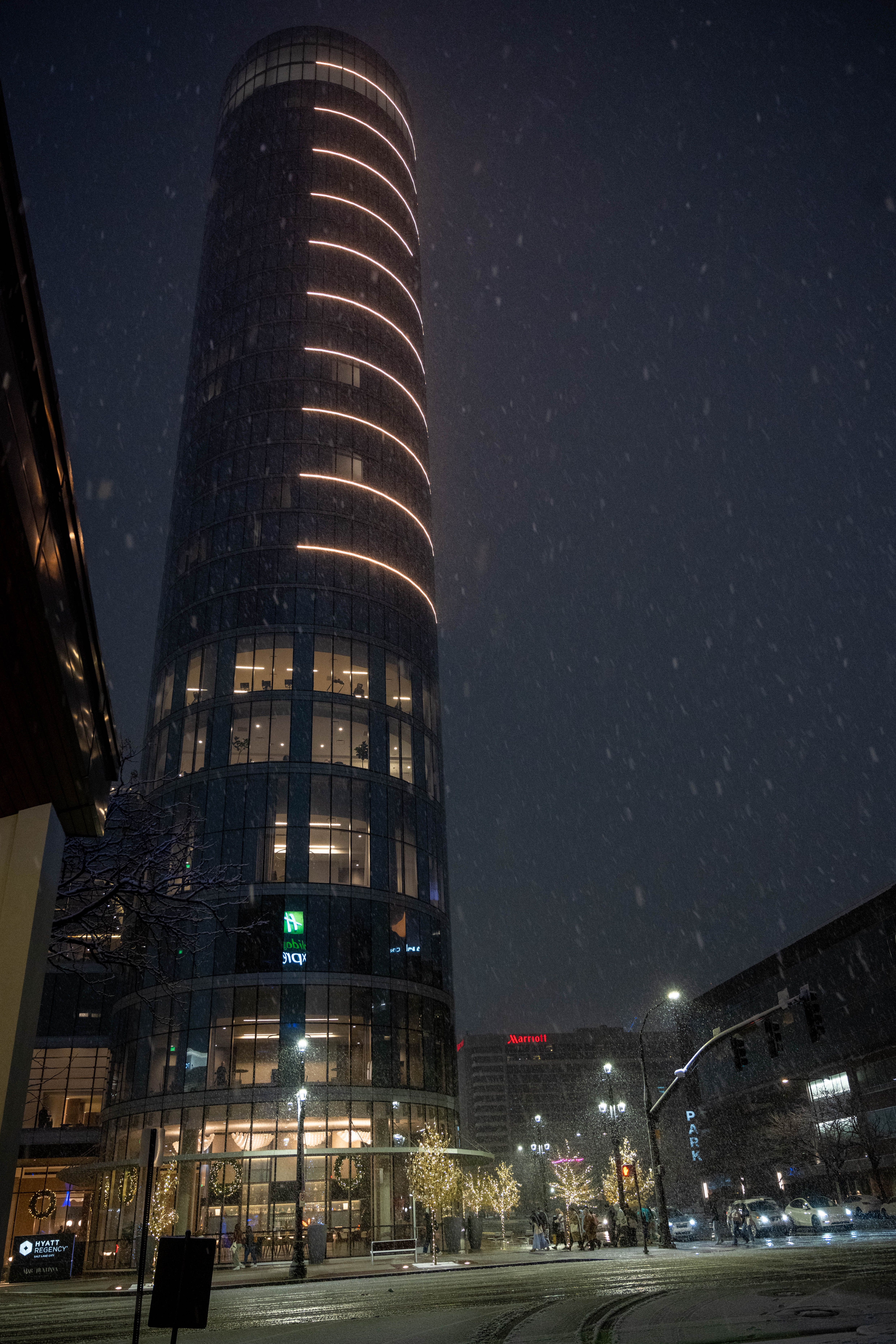 Illuminated Tower at Night in Winter Snowfall · Free Stock Photo
