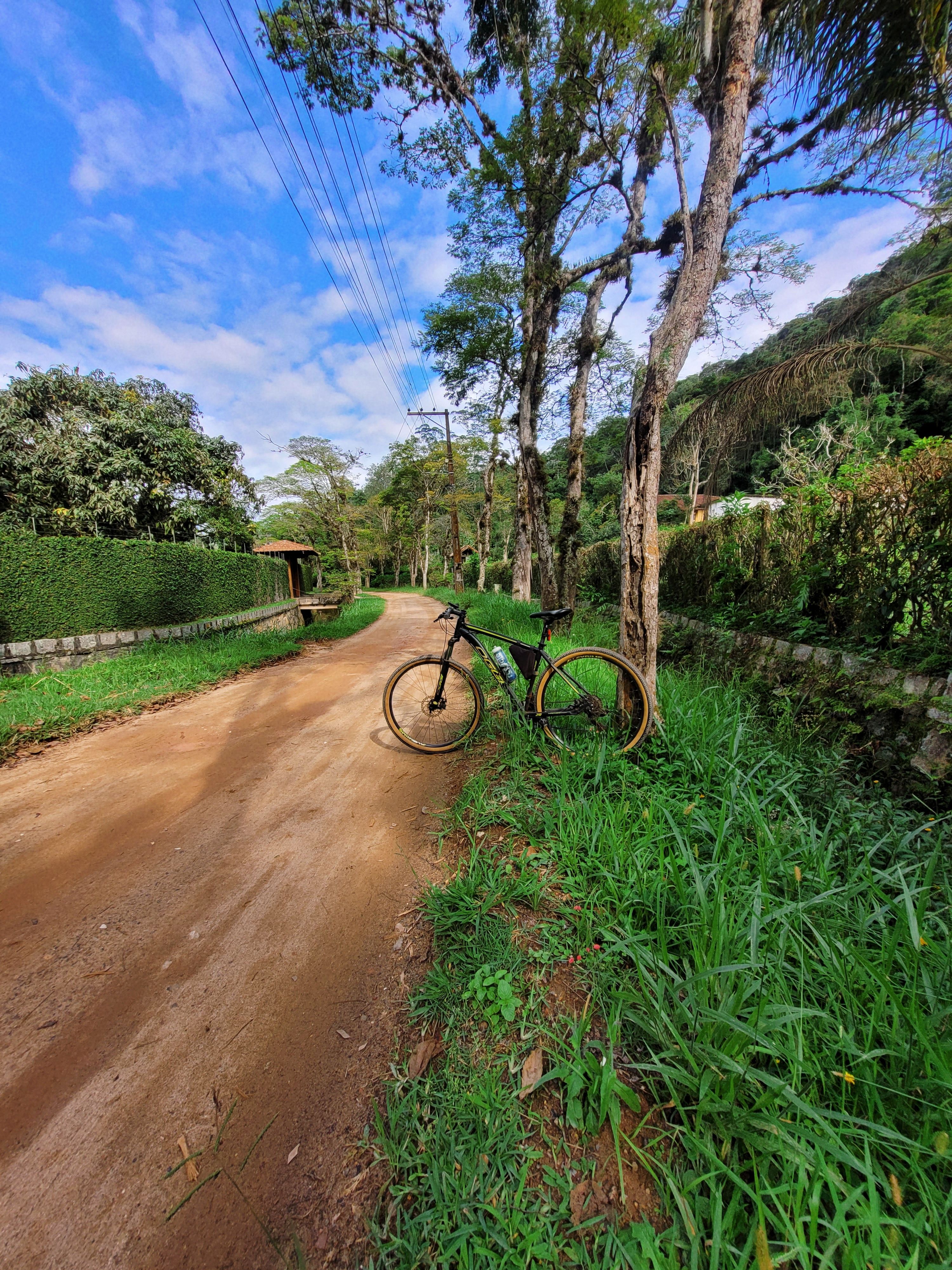 Mountain bike resting on a scenic dirt path · Free Stock Photo