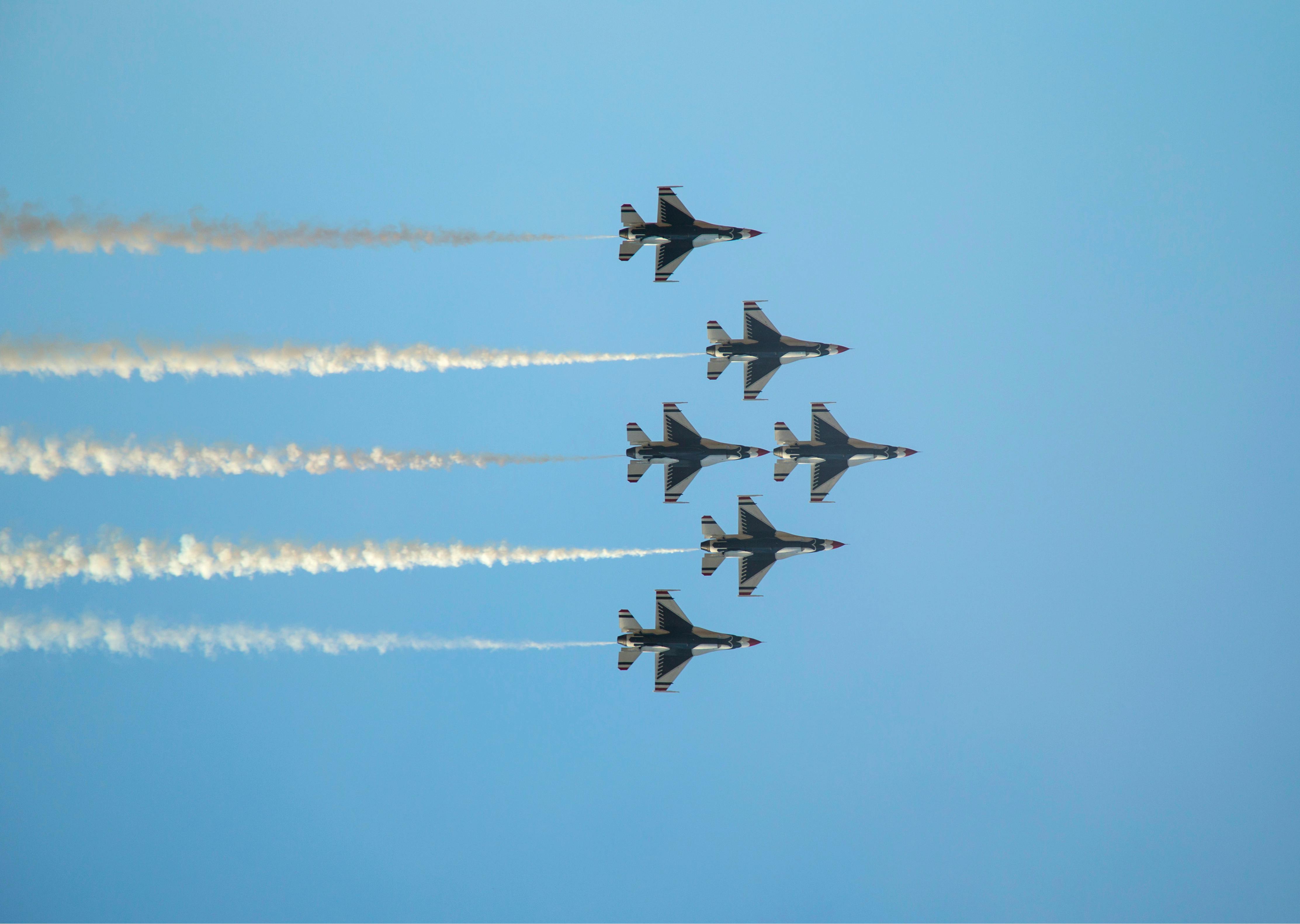 Aerobatic Fighter Jet Formation Against Blue Sky · Free Stock Photo