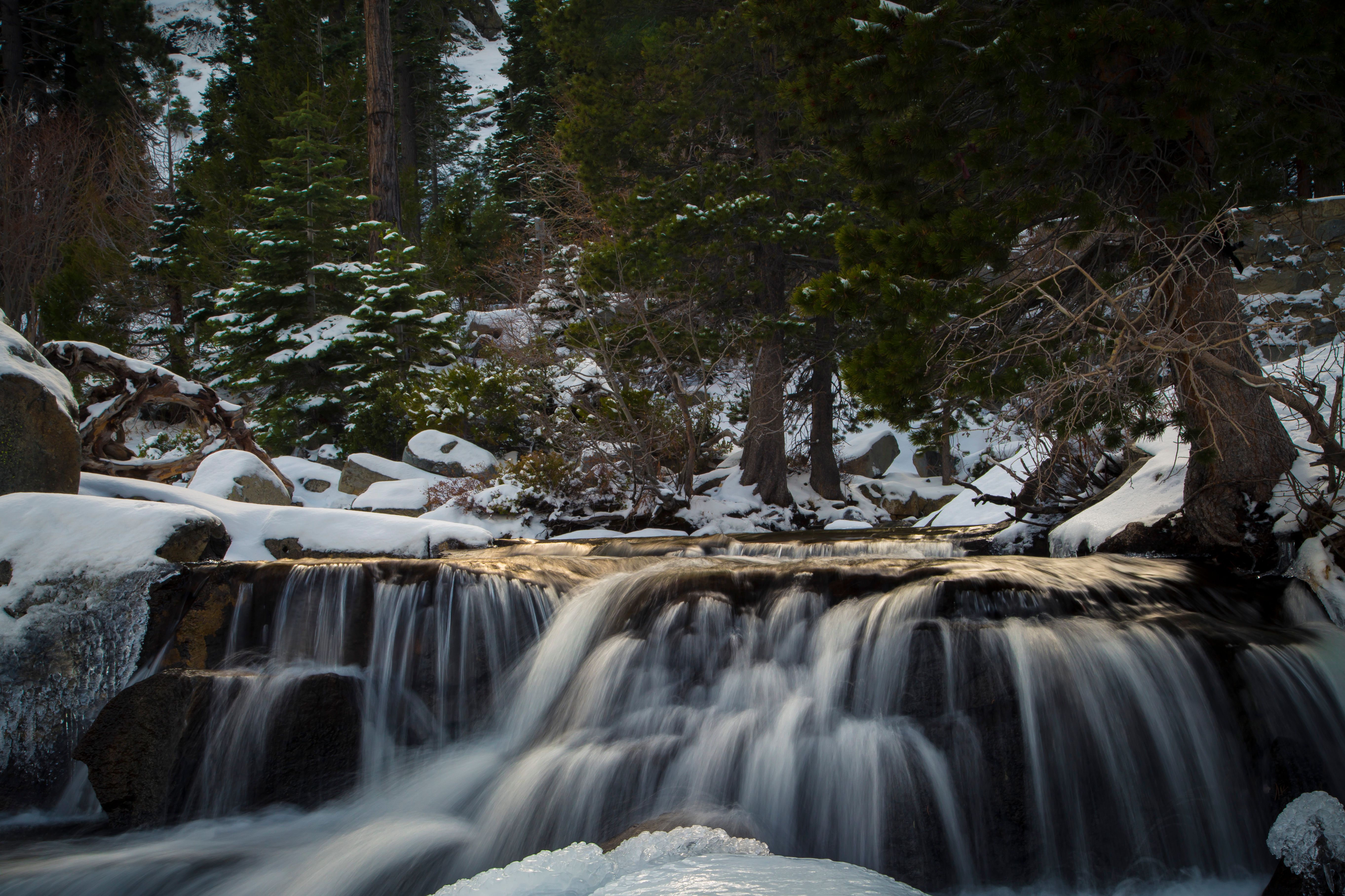 Serene Snowy Waterfall in Winter Forest · Free Stock Photo