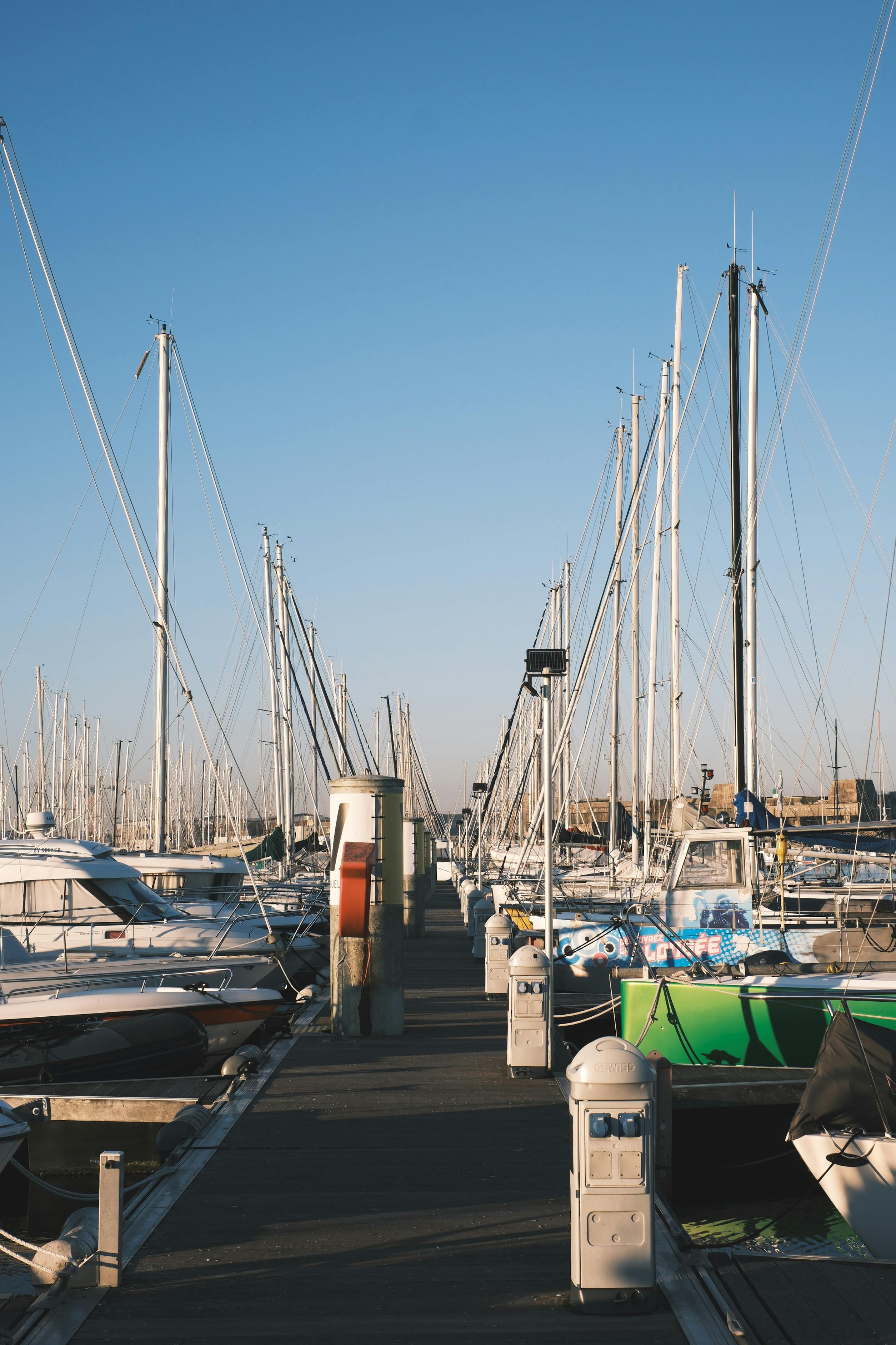 Serene Marina Pier with Docked Sailboats at Sunrise · Free Stock Photo