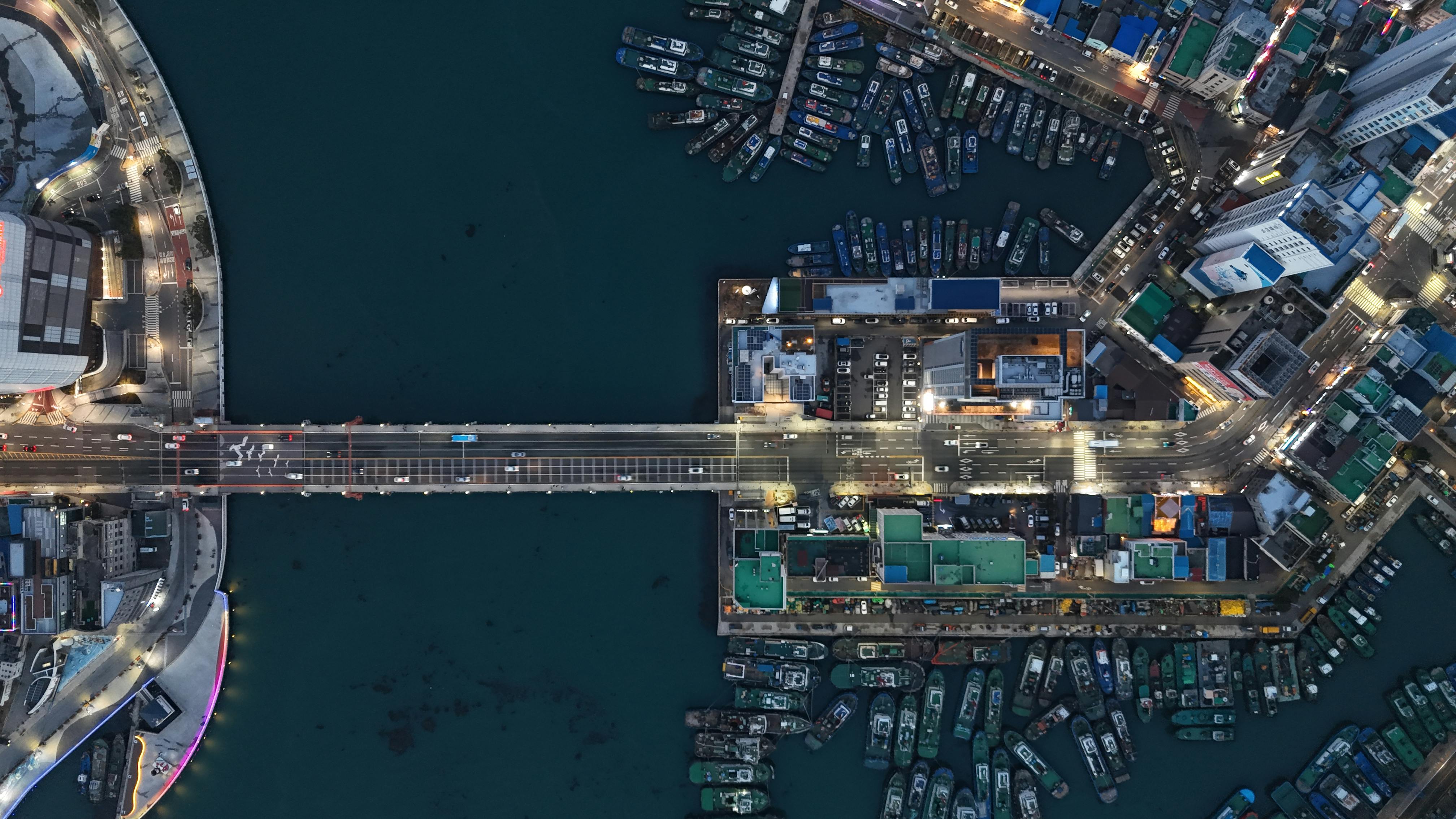 Aerial Night View of Busan Bridge and Harbor · Free Stock Photo