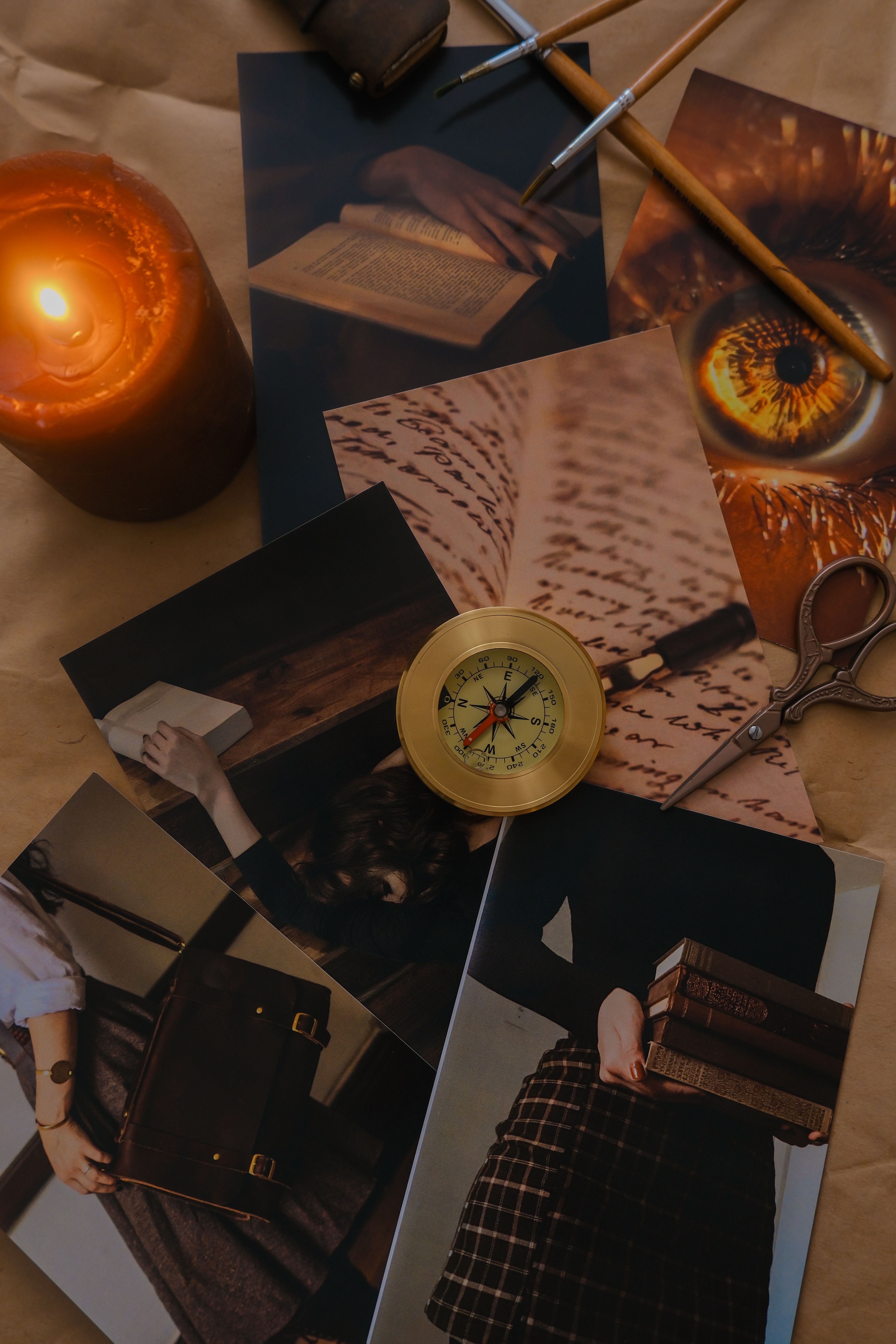 Vintage Flat Lay with Compass and Art Supplies · Free Stock Photo