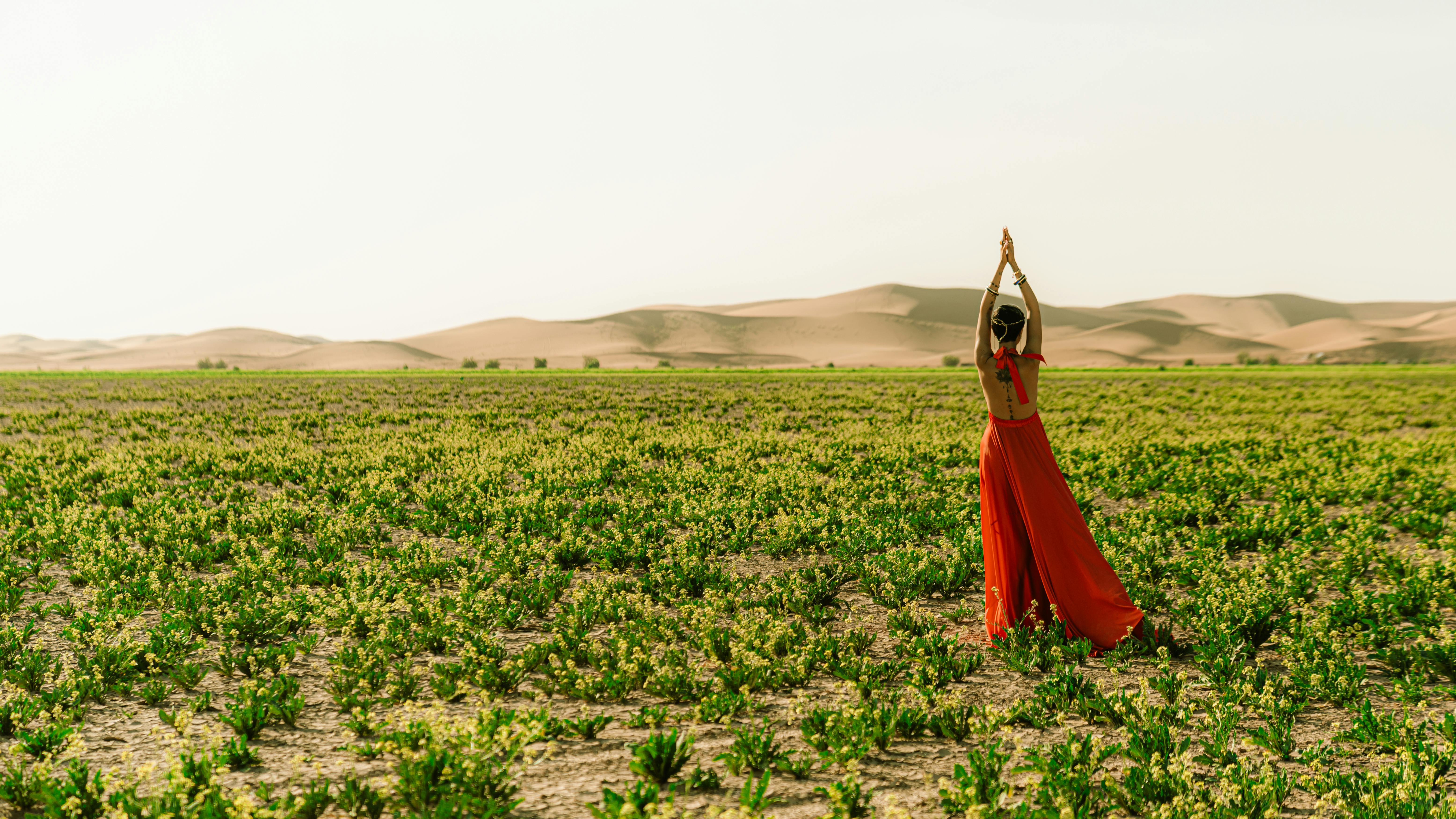 Woman in Red Dress Standing in Moroccan Desert Field · Free Stock Photo