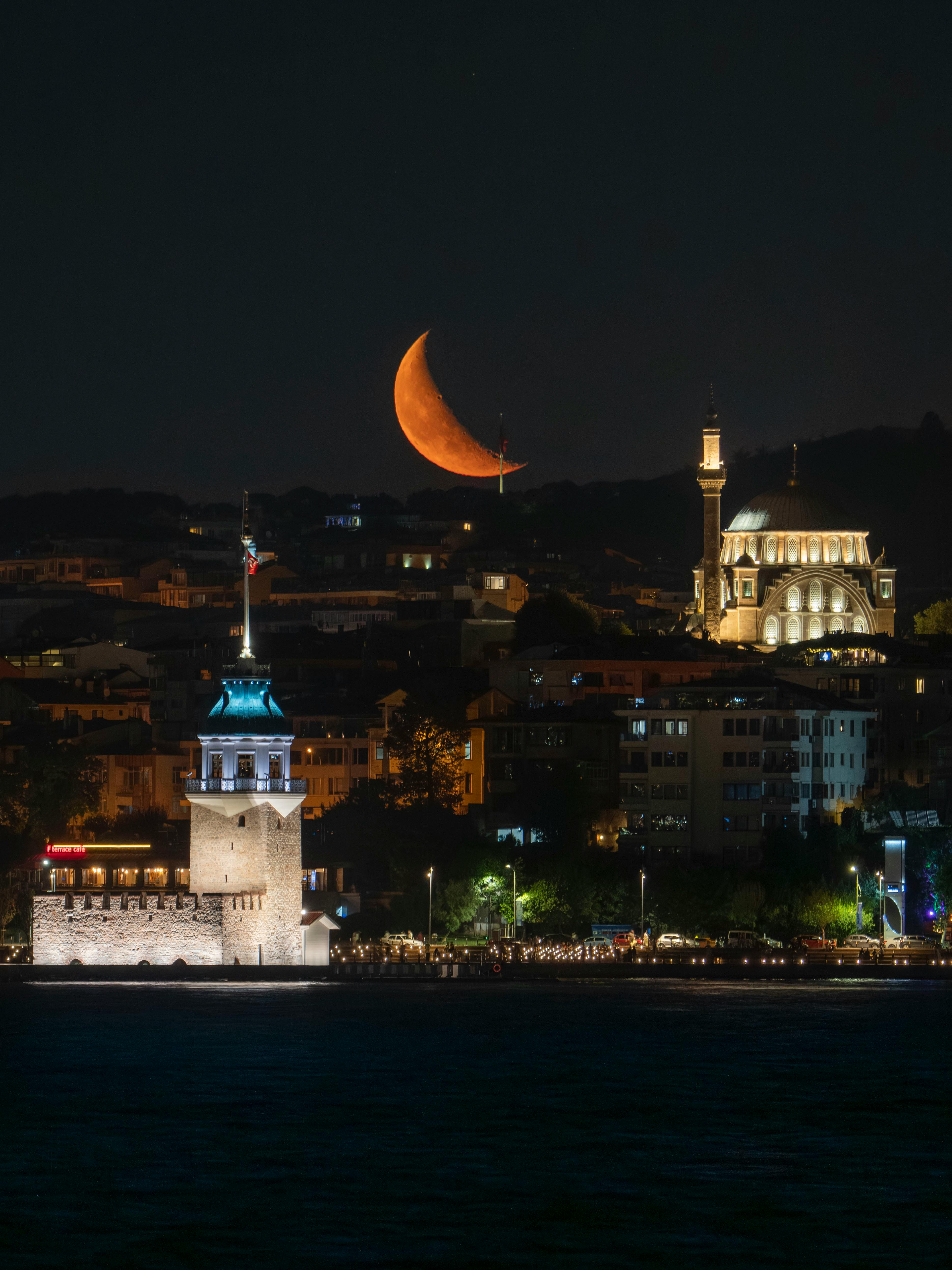 Crescent Moon Over Istanbul Skyline at Night · Free Stock Photo