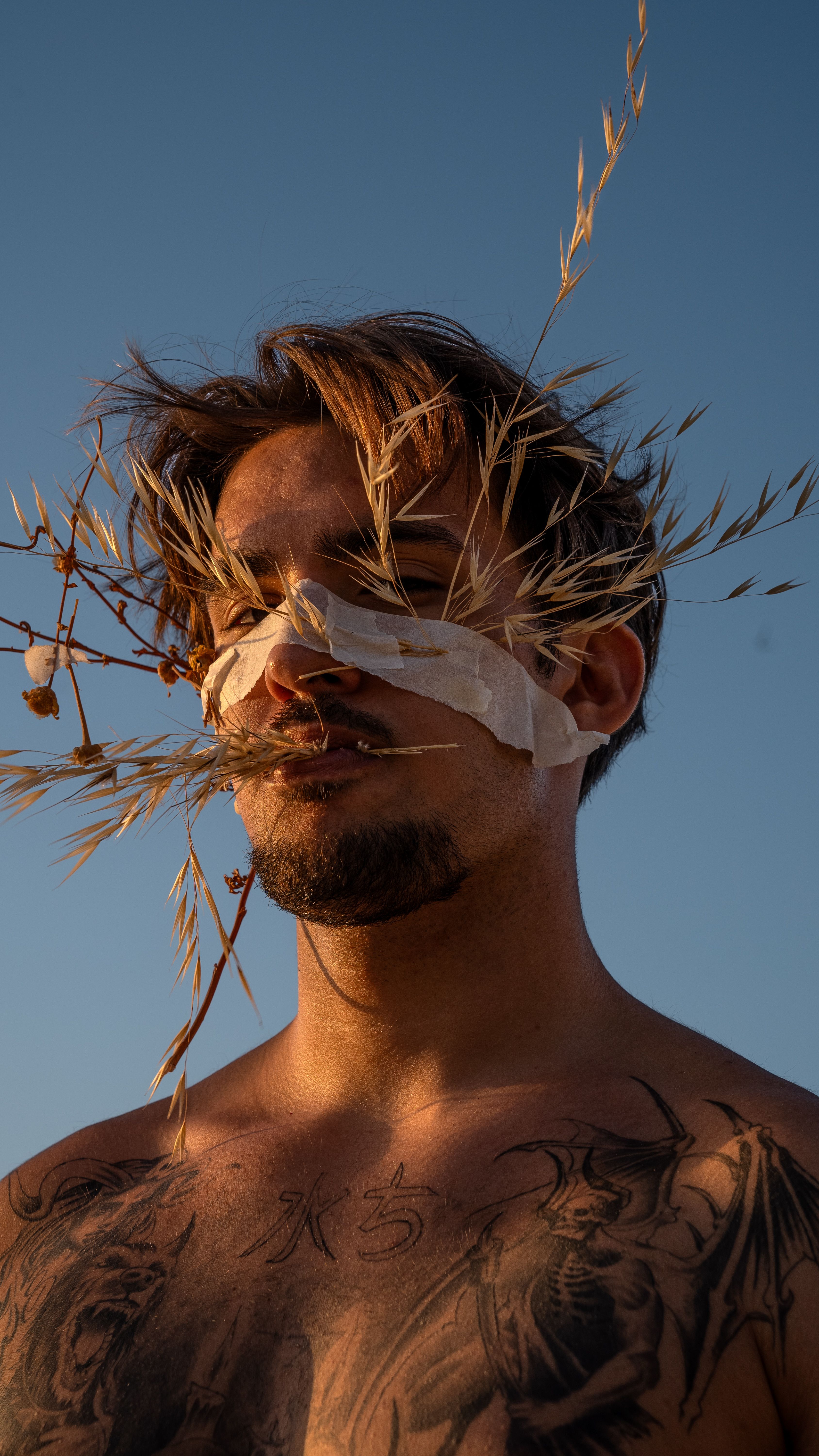 Artistic Portrait with Nature Elements on Man's Face · Free Stock Photo