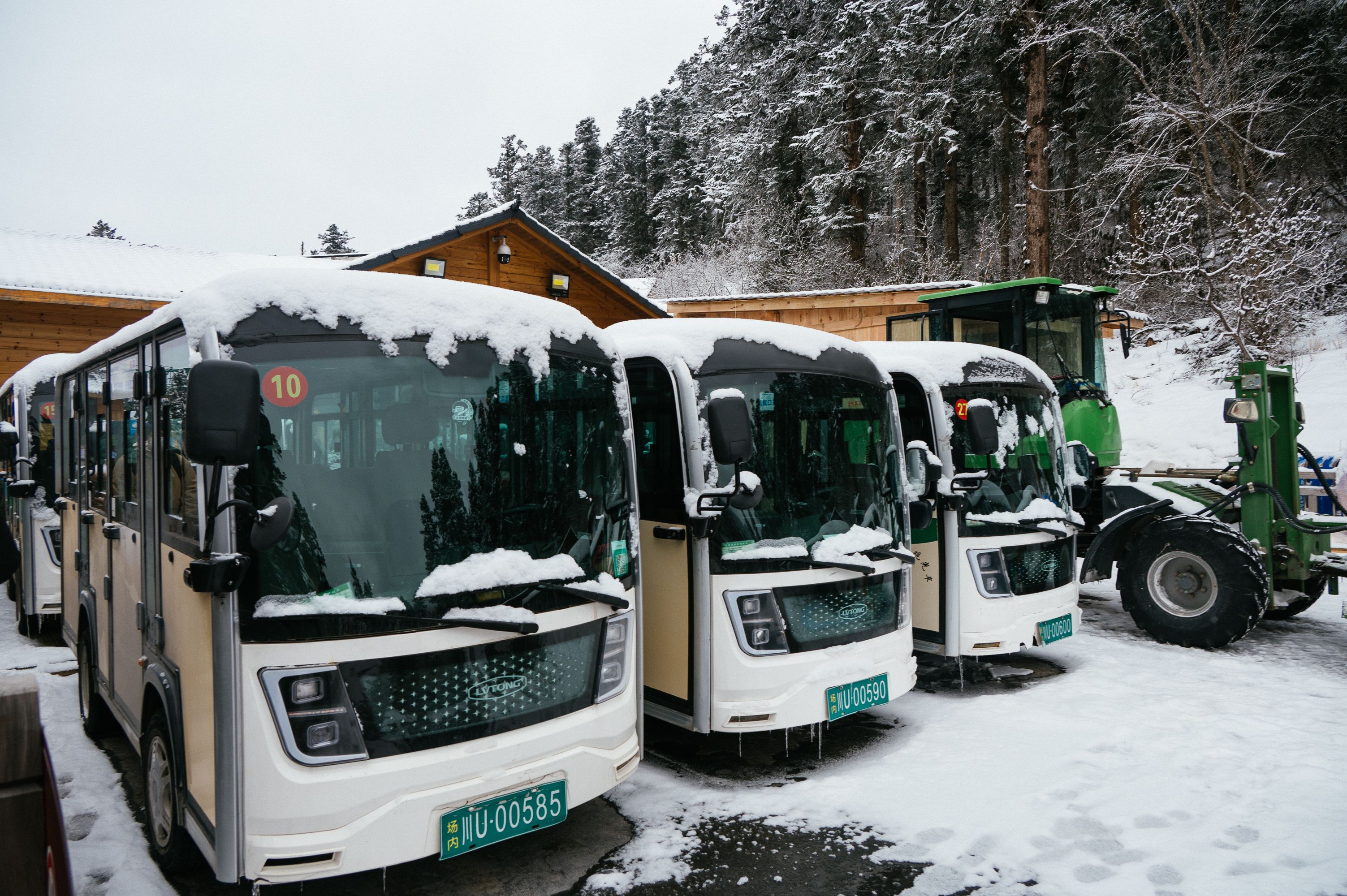 Snow-covered buses parked in winter landscape · Free Stock Photo