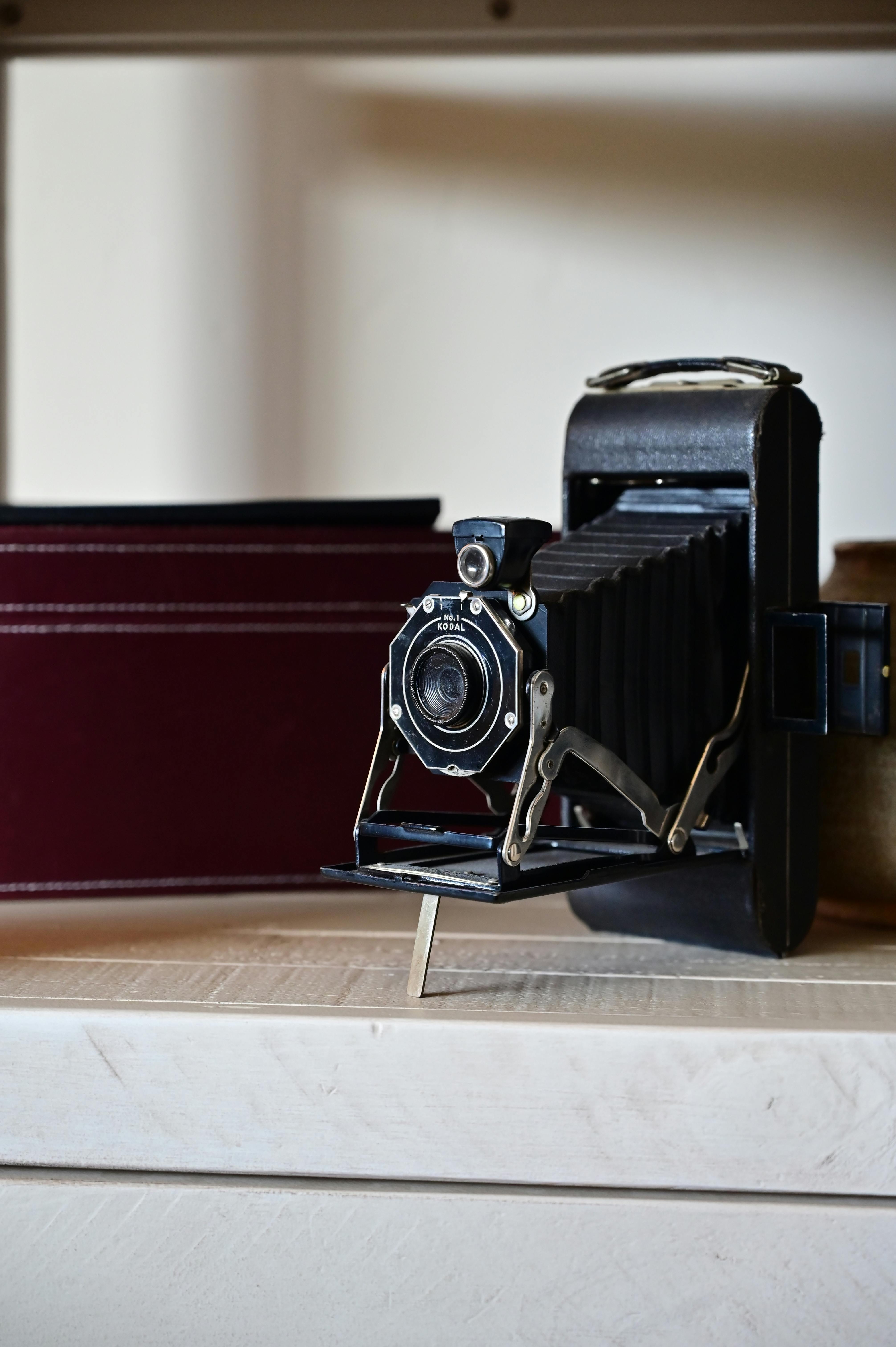 Vintage Folding Camera on Wooden Shelf · Free Stock Photo