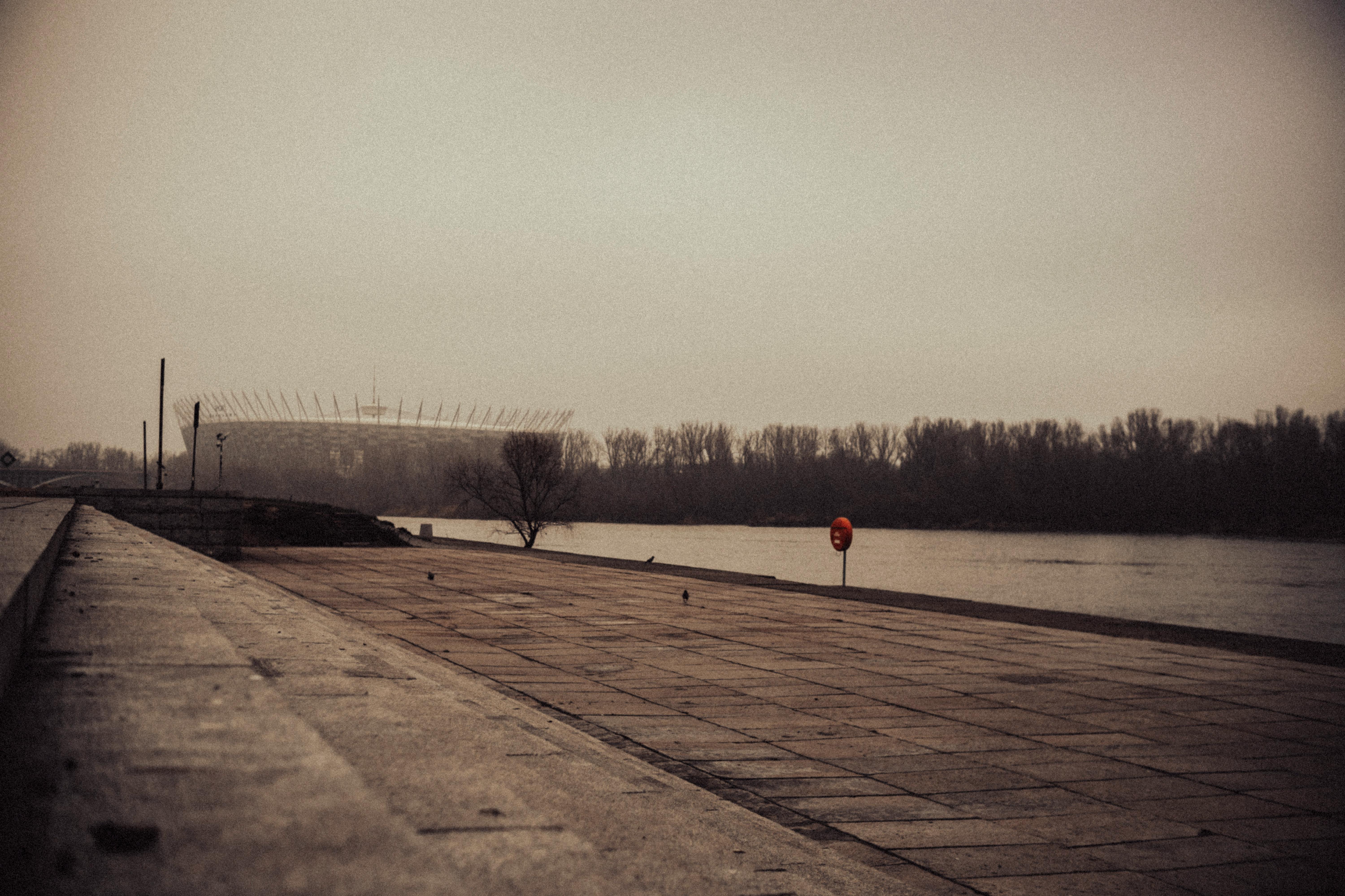 Foggy Riverside with Stadium in Background · Free Stock Photo