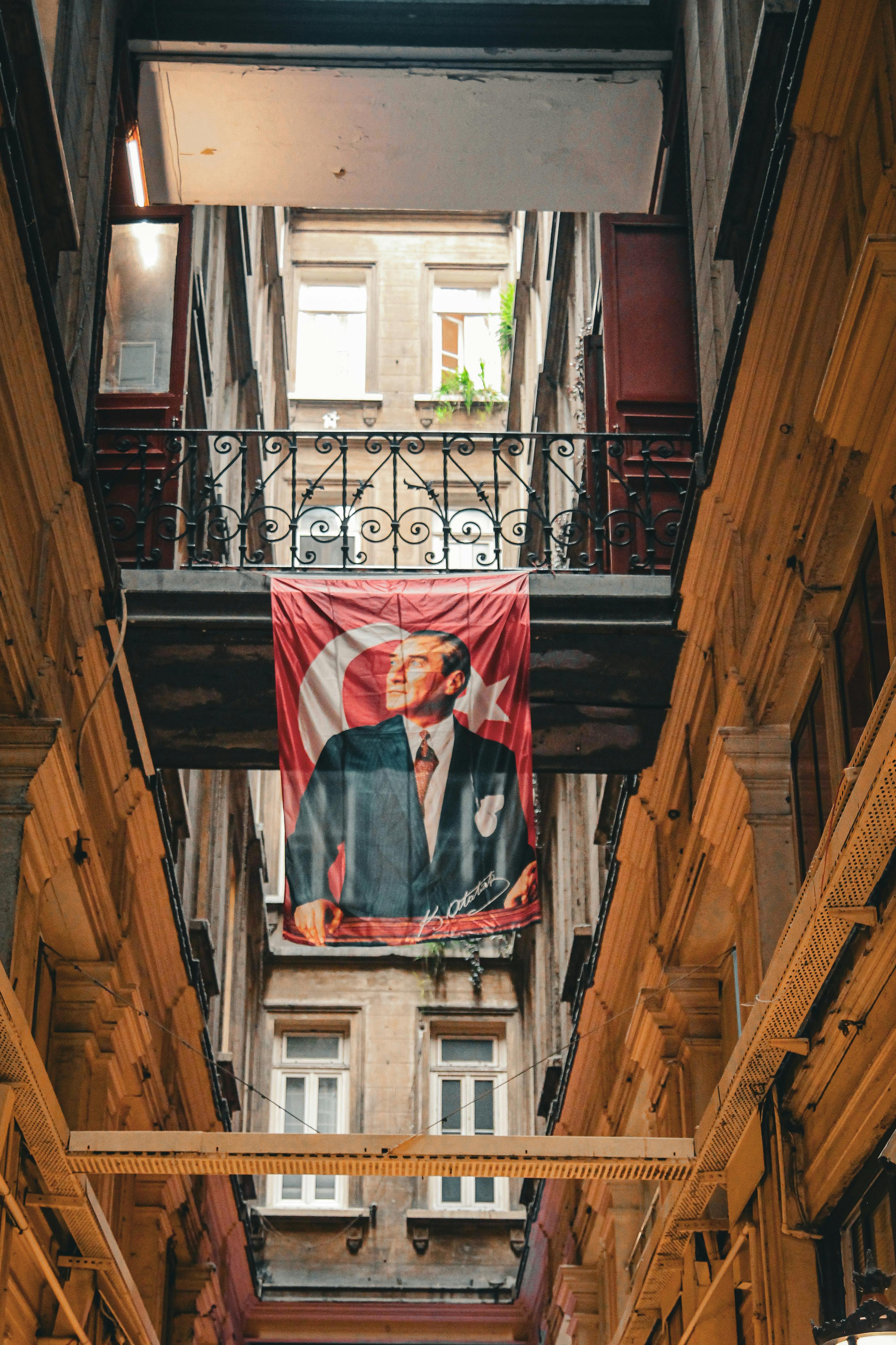 Historic Building with Turkish Flag and Portrait · Free Stock Photo