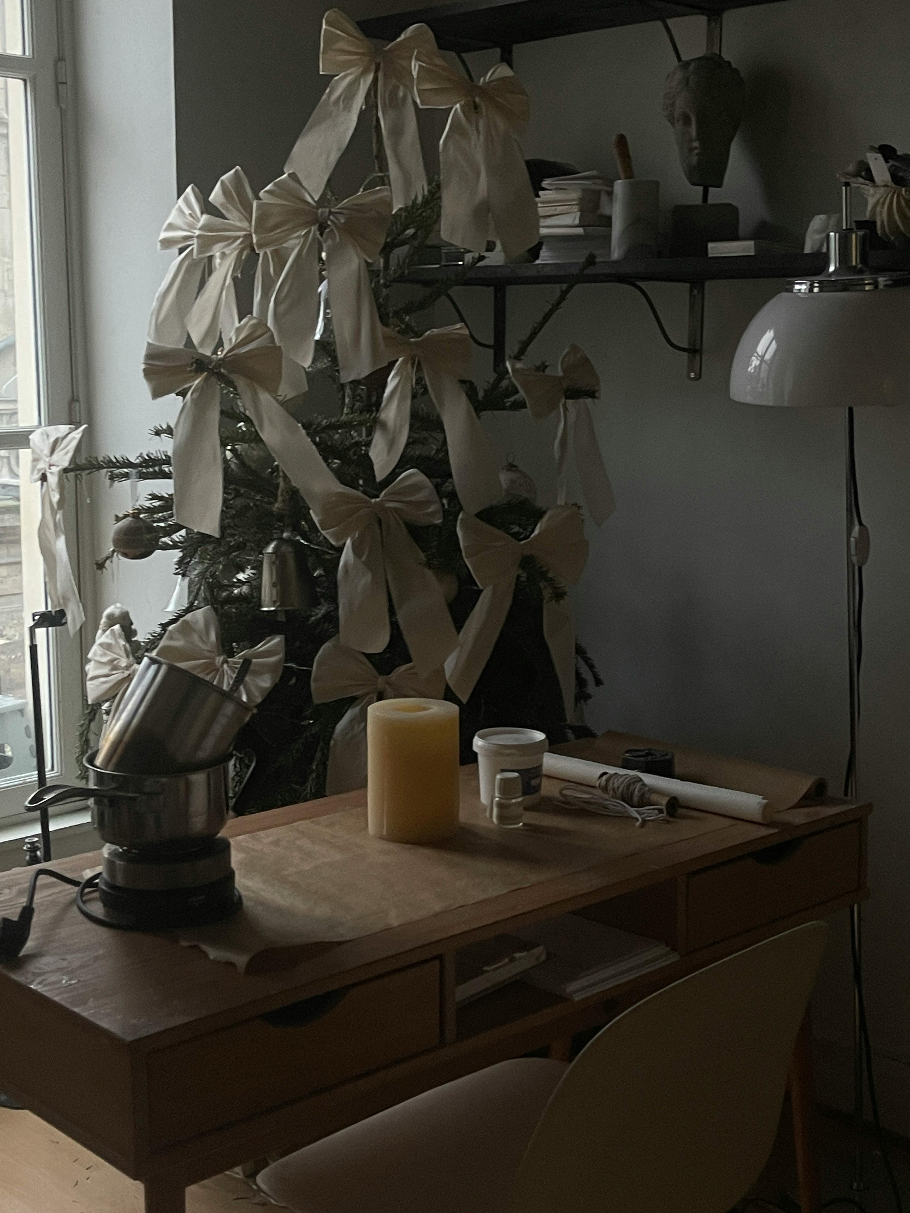 Cozy Winter Desk with Decorated Christmas Tree · Free Stock Photo