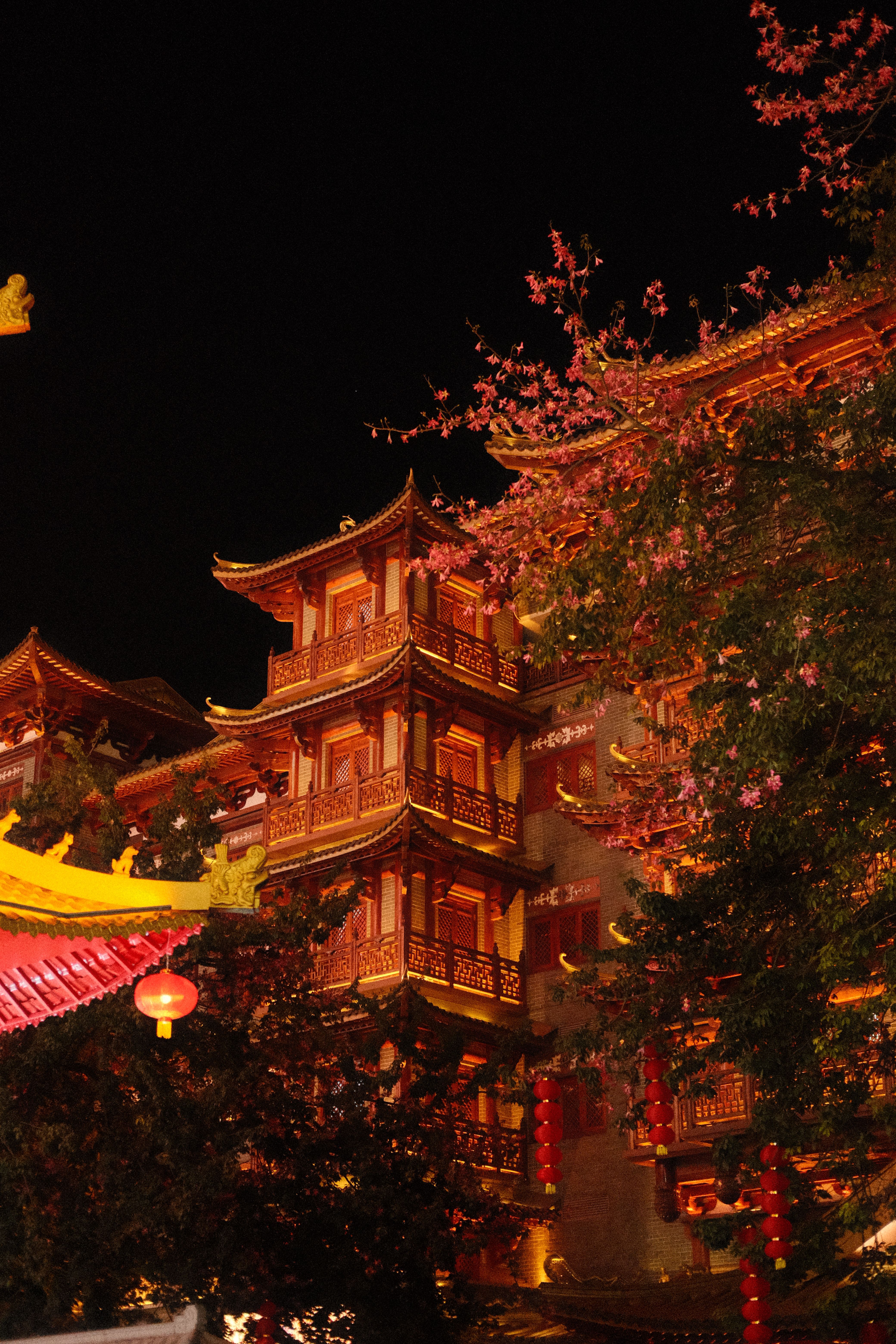 Illuminated Traditional Chinese Architecture at Night · Free Stock Photo